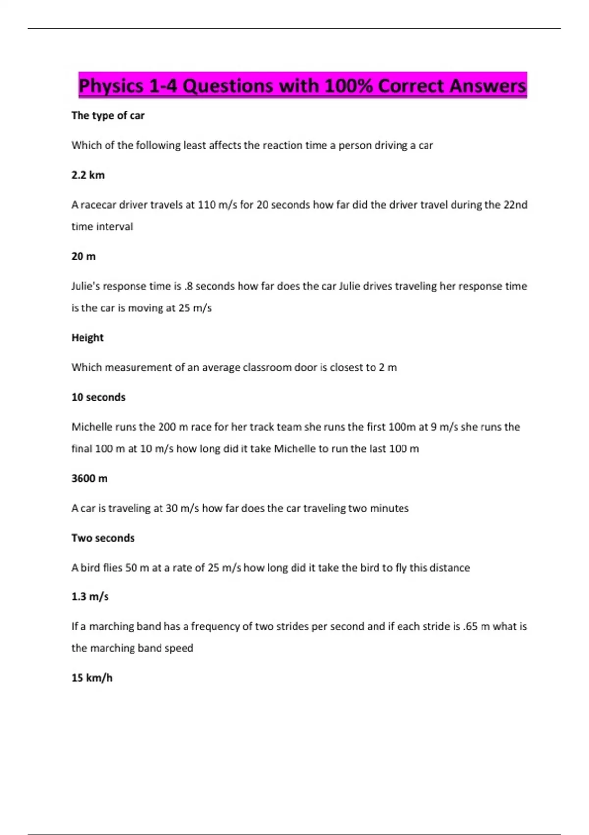 Physics 1-4 Questions with 100% Correct Answers - Physics 1 - Stuvia US