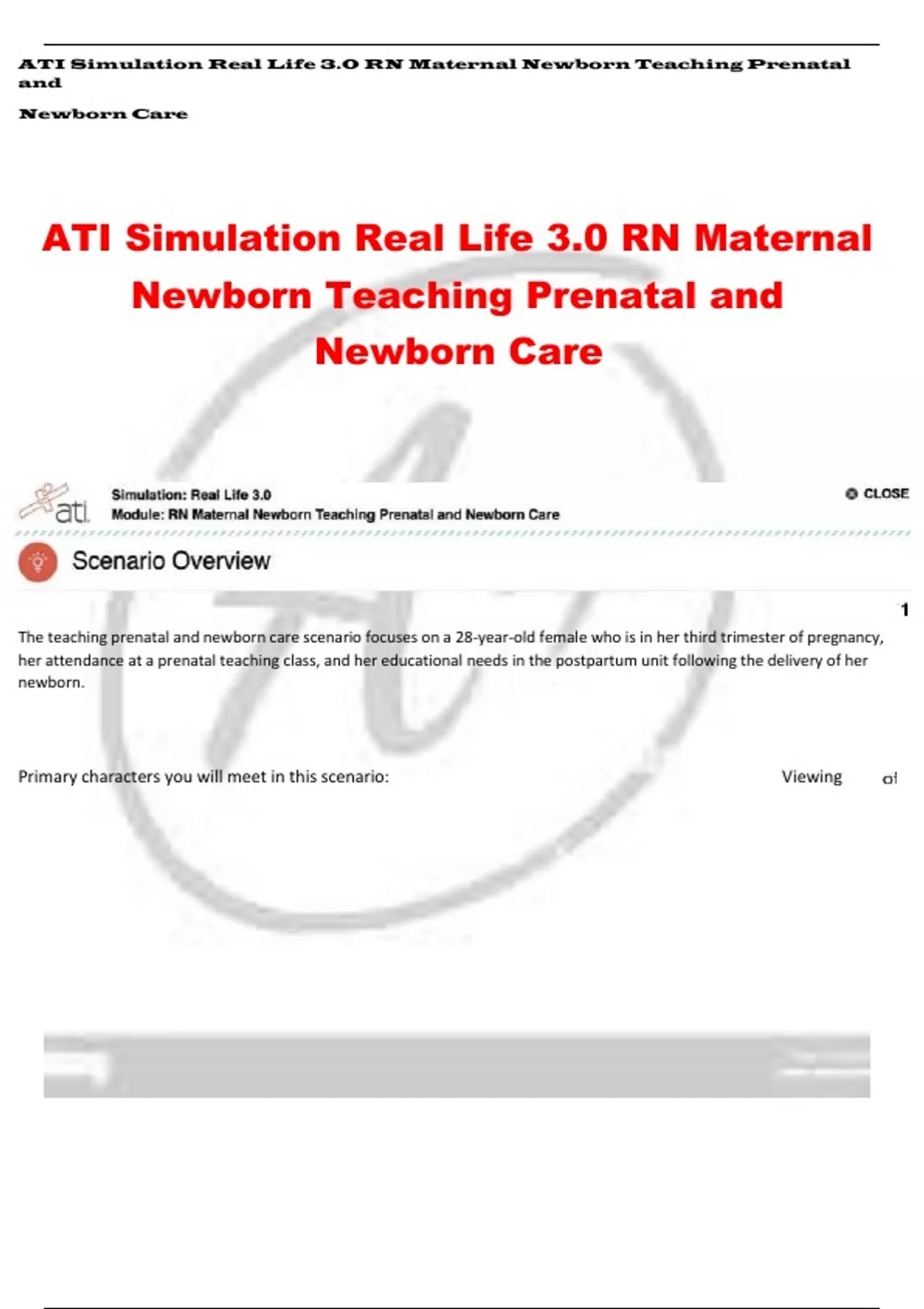 ATI Simulation Real Life 3.0 RN Maternal Newborn Teaching Prenatal and ...
