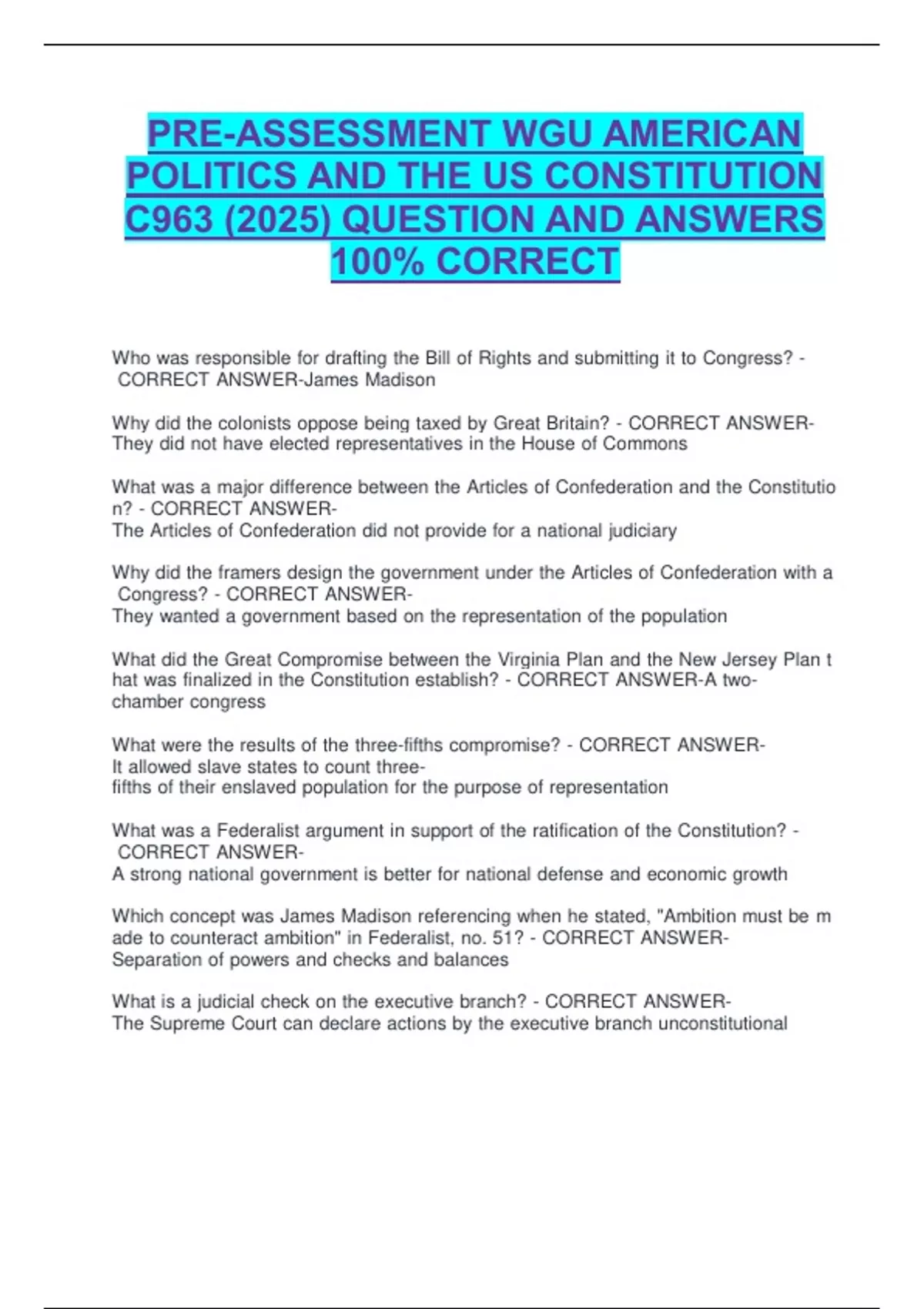 PRE-ASSESSMENT WGU AMERICAN POLITICS AND THE US CONSTITUTION C963 (2025 ...