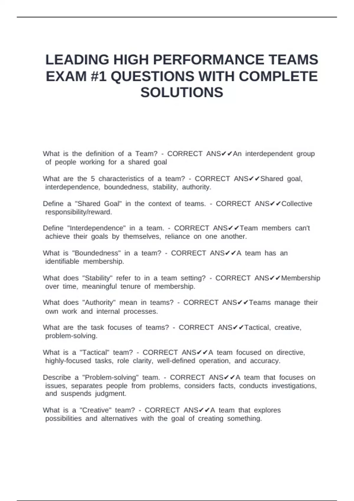 LEADING HIGH PERFORMANCE TEAMS EXAM #1 QUESTIONS WITH COMPLETE ...