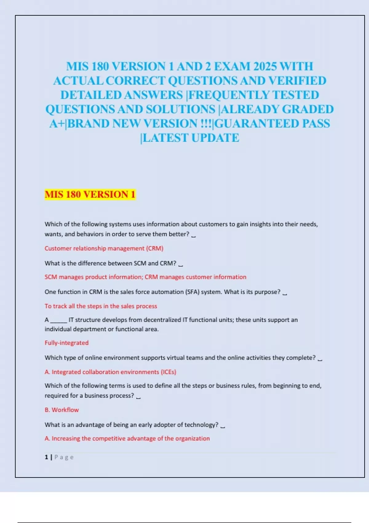 MIS 180 VERSION 1 AND 2 EXAM 2025 WITH ACTUAL CORRECT QUESTIONS AND ...