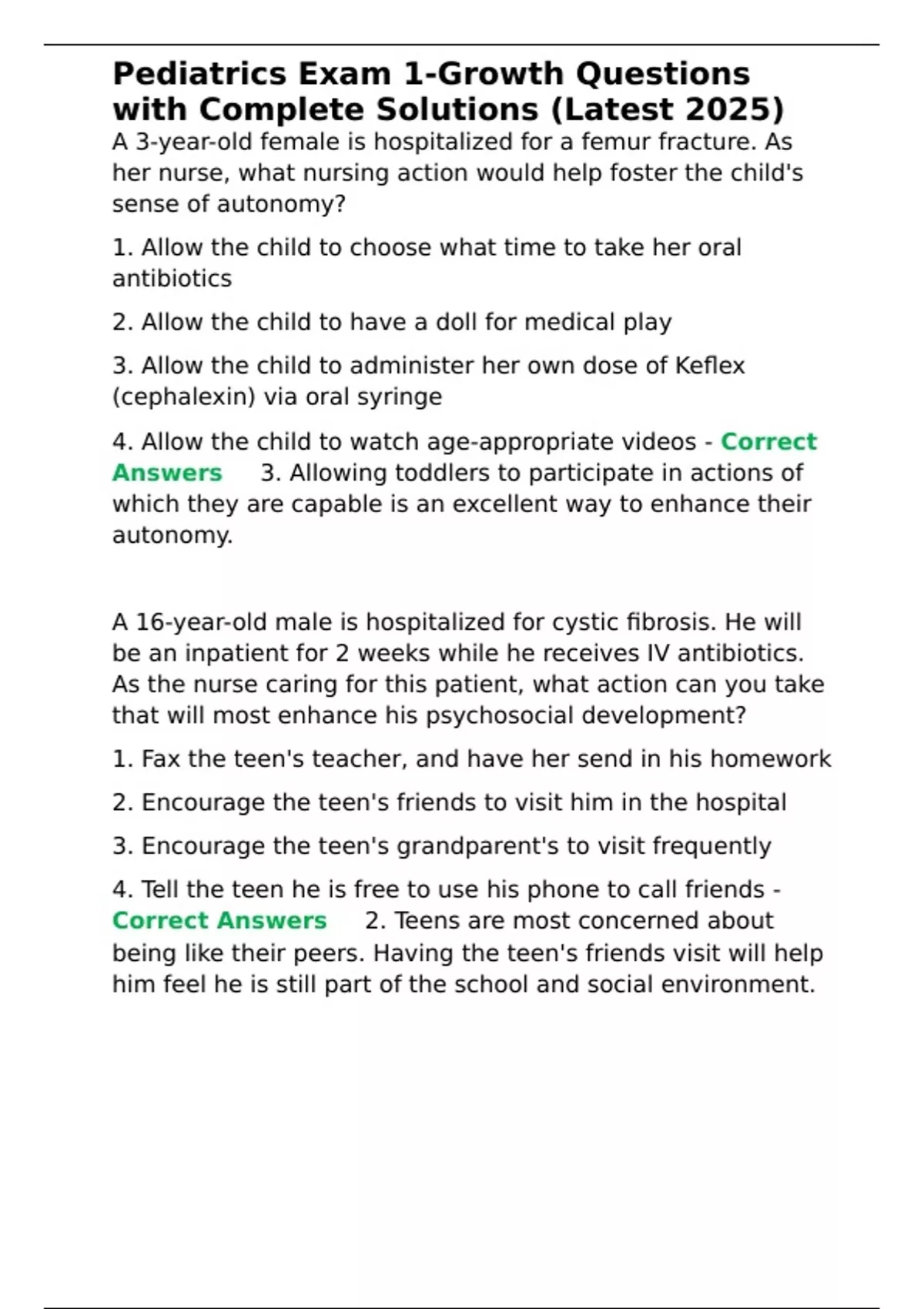 Pediatrics Exam 1-Growth Questions with Complete Solutions (Latest 2025 ...