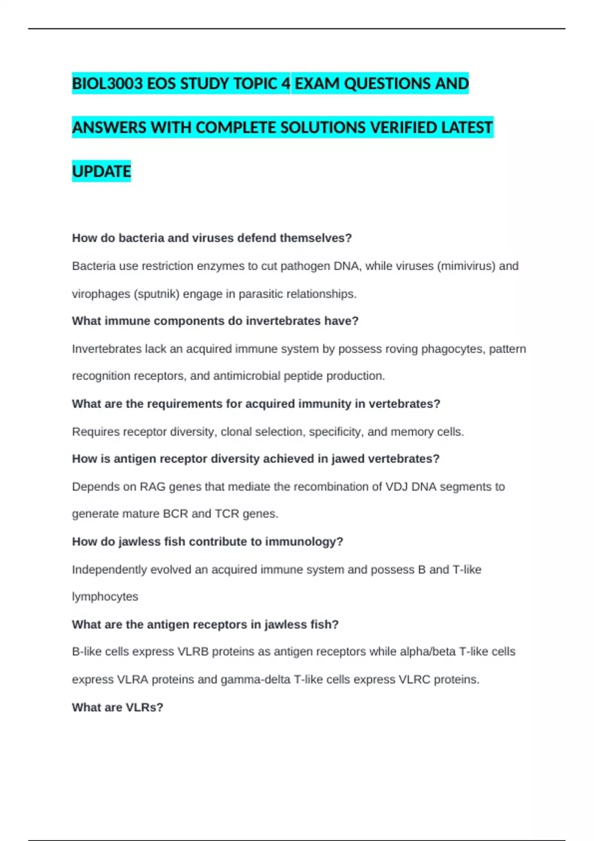 BIOL3003 EOS STUDY TOPIC 4 EXAM QUESTIONS AND ANSWERS WITH COMPLETE ...