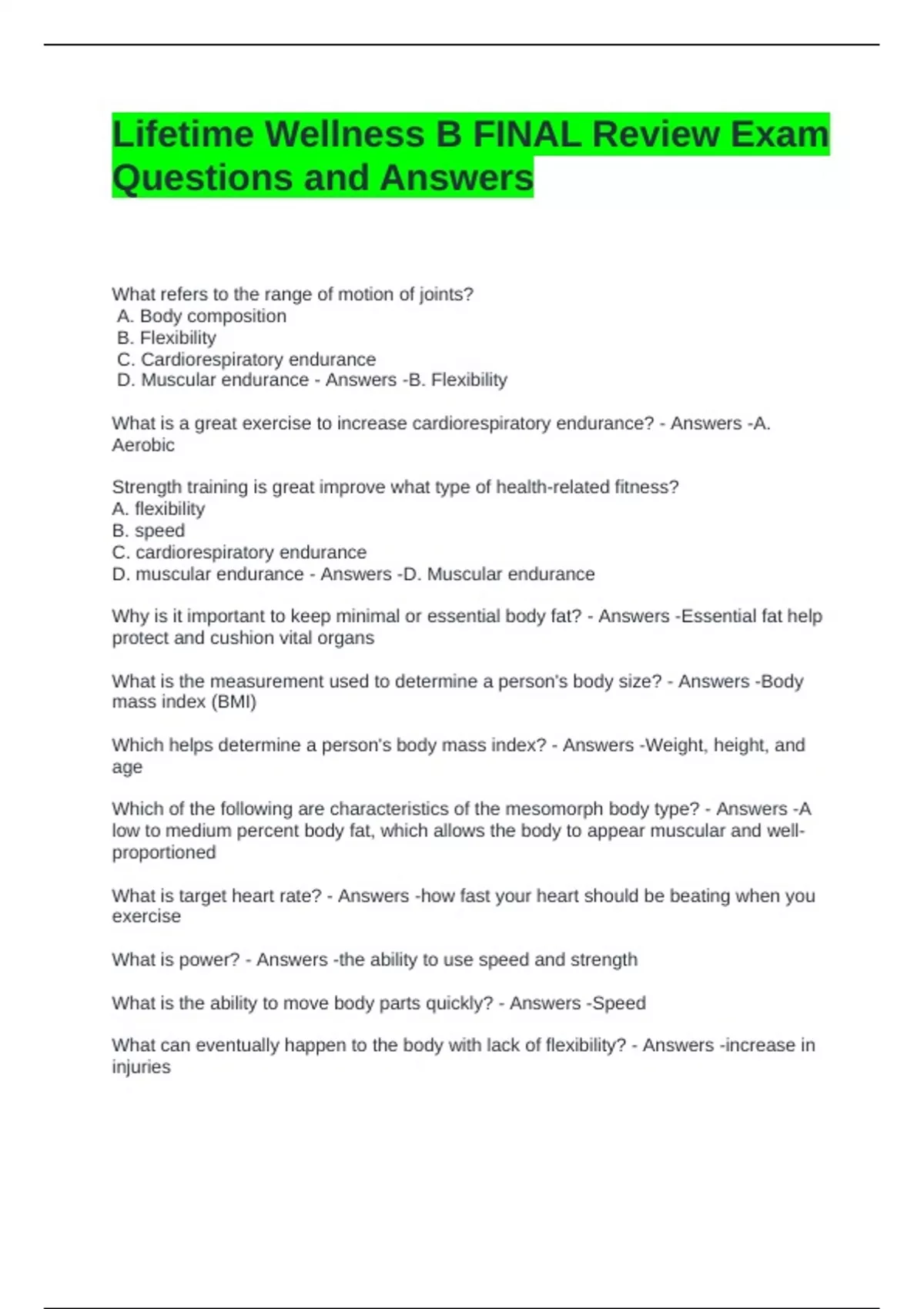 Lifetime Wellness B FINAL Review Exam Questions and Answers - Lifetime ...