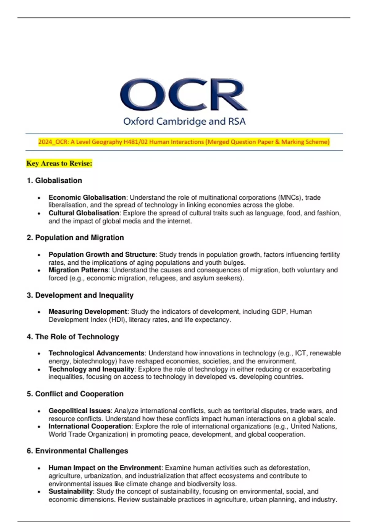 2024_OCR: A Level Geography H481/02 Human Interactions (Merged Question ...