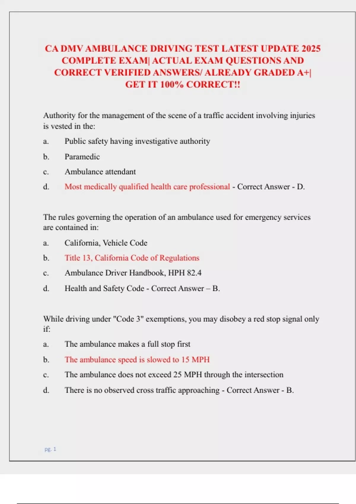 CA DMV AMBULANCE DRIVING TEST LATEST UPDATE 2025 COMPLETE EXAM| ACTUAL ...
