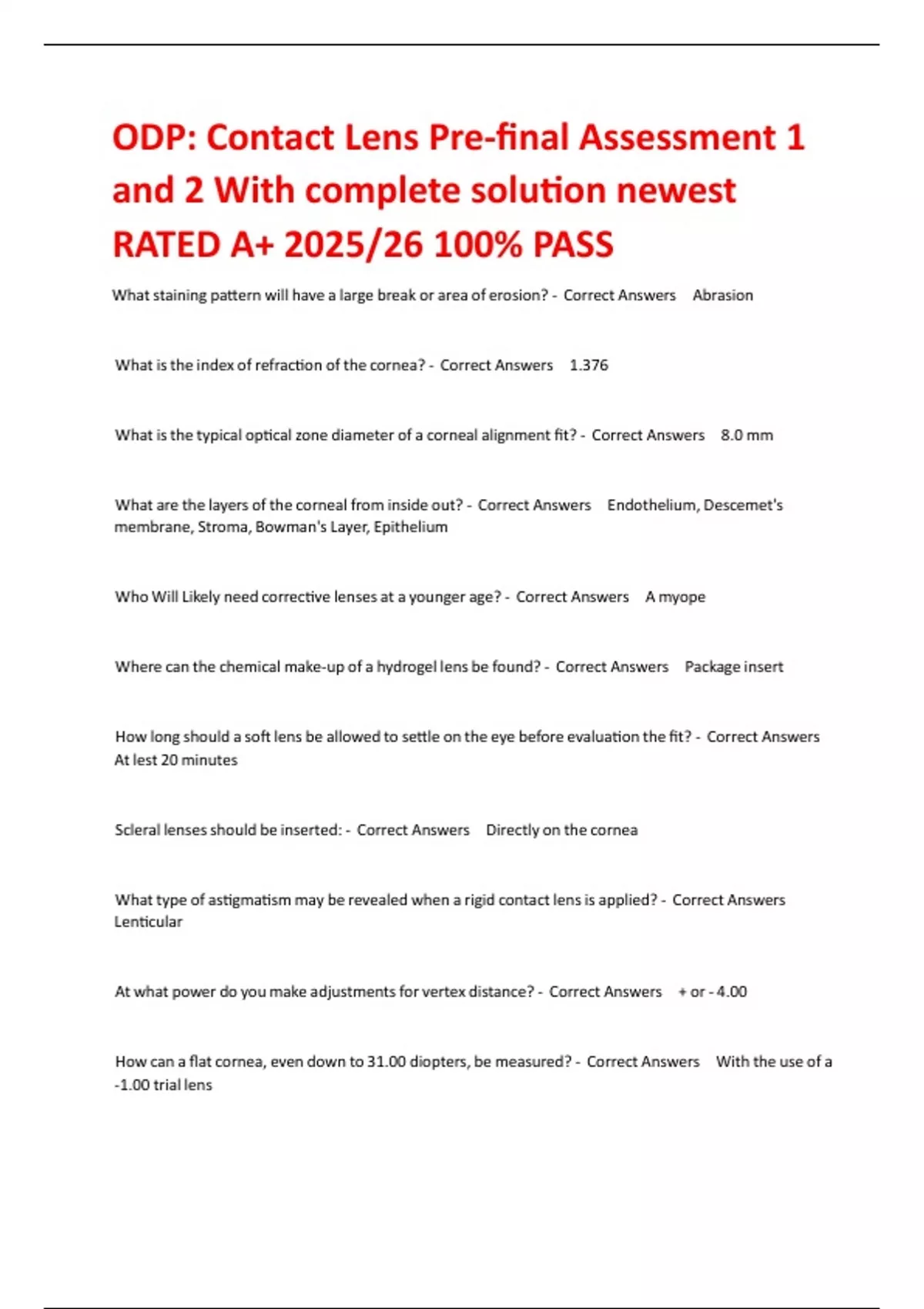 ODP: Contact Lens Pre-final Assessment 1 and 2 With complete solution newest RATED A+ 2025/26 ...