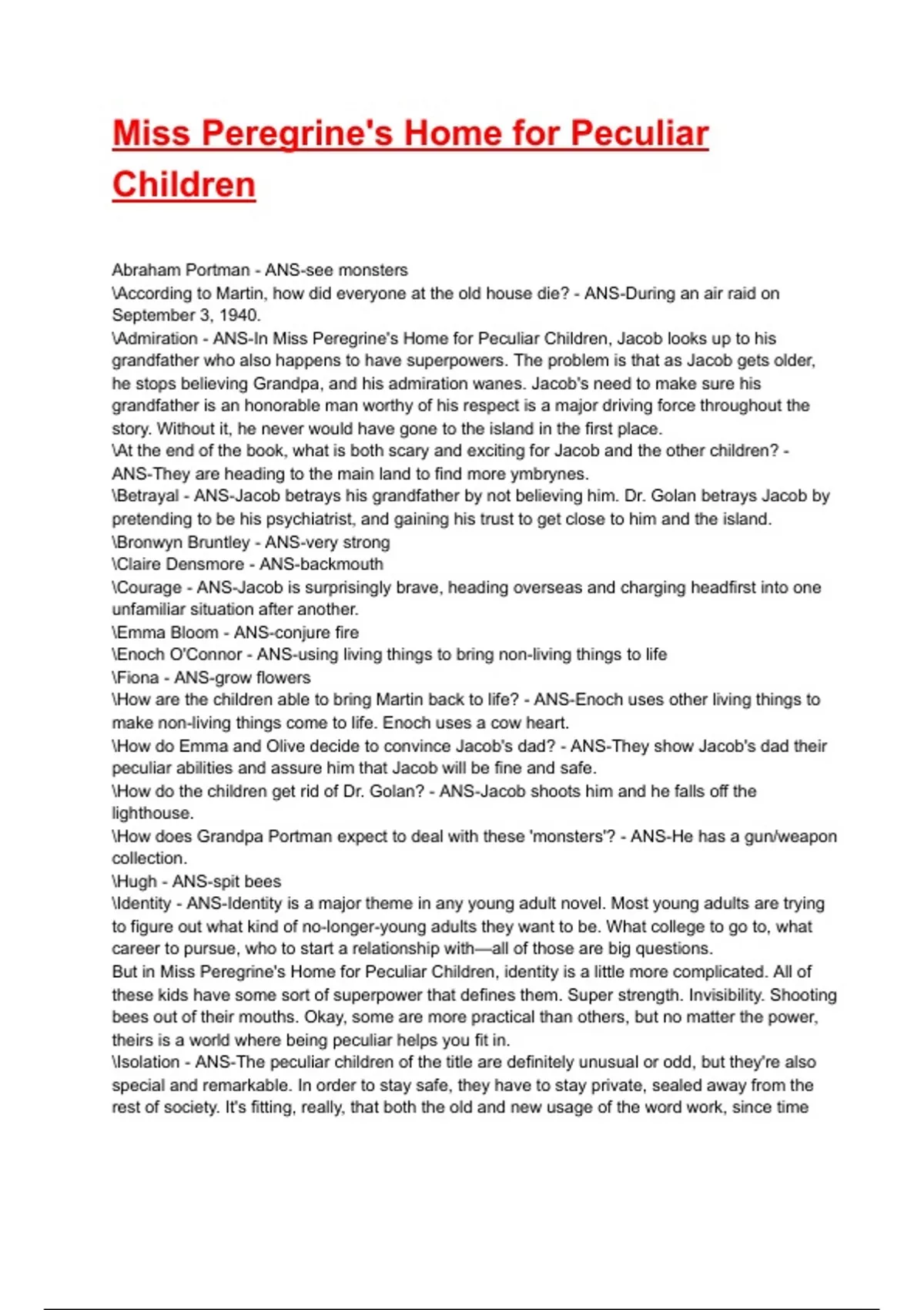 Miss Peregrine's Home for Peculiar Children Exam 2025/2026 Questions ...