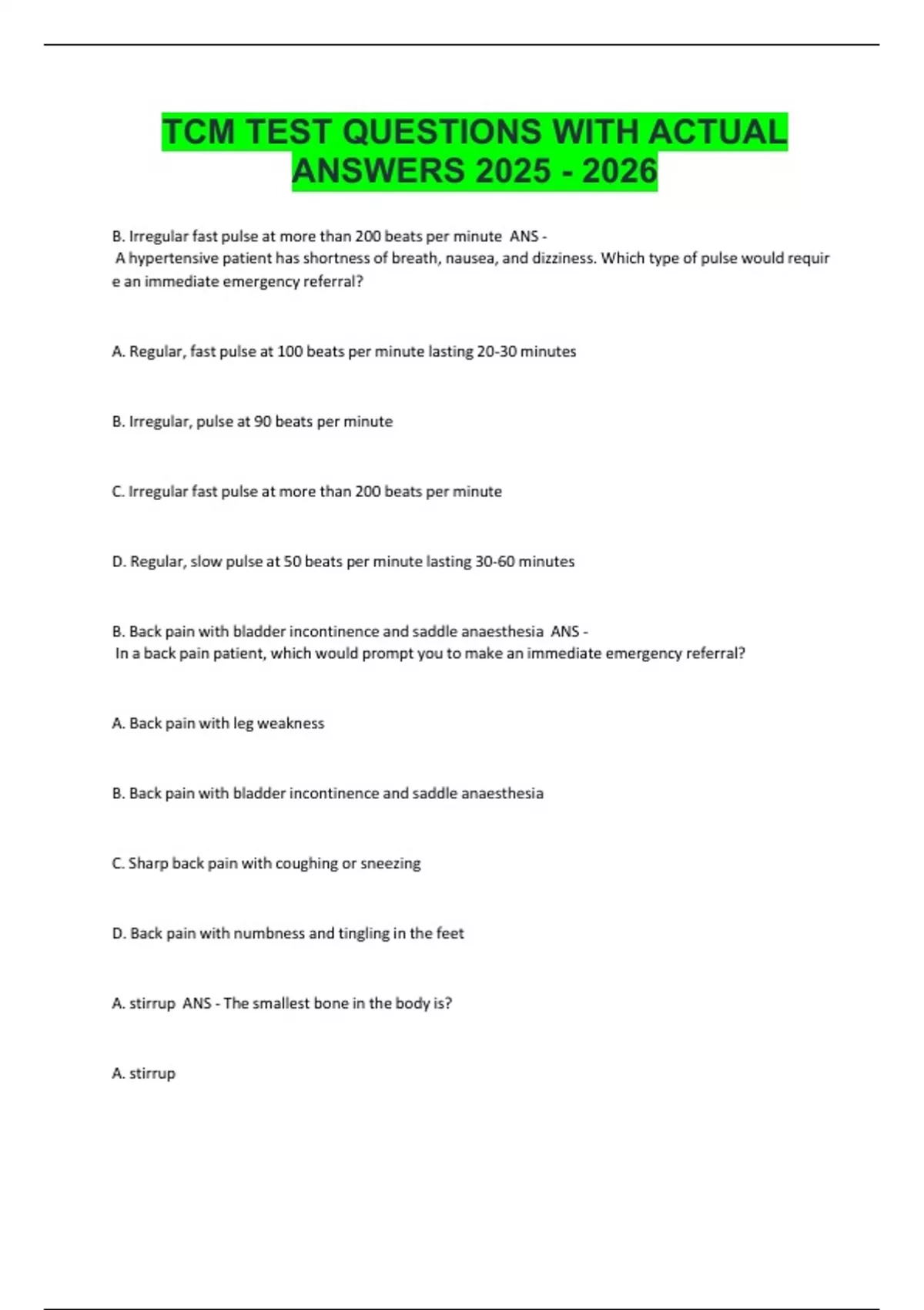 TCM TEST QUESTIONS WITH ACTUAL ANSWERS - California Acupuncture ...