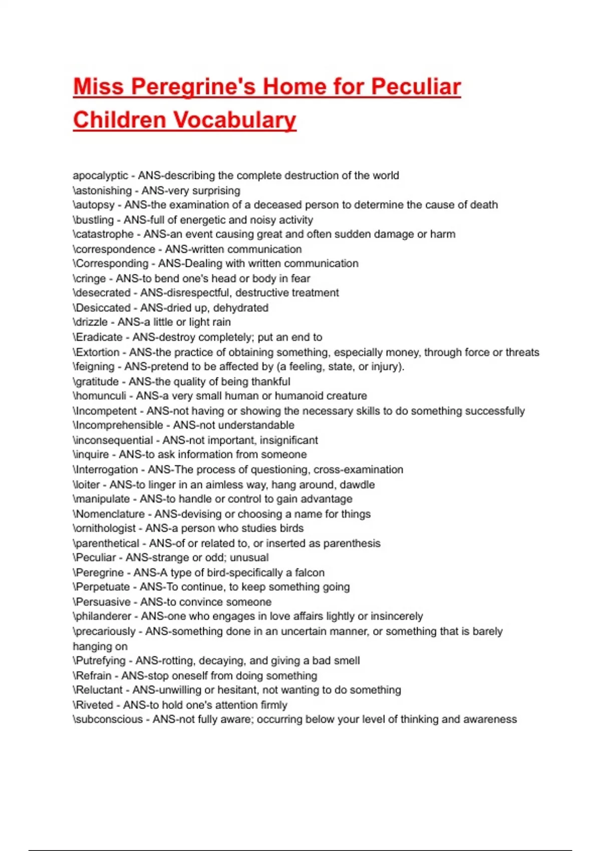 Miss Peregrine's Home for Peculiar Children Vocabulary Exam 2025/2026 ...