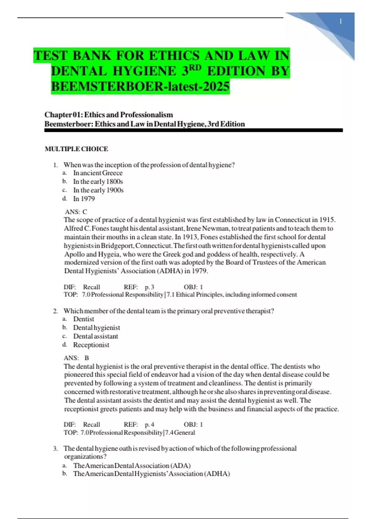 Test Bank for Ethics and Law in Dental Hygiene 4th Edition (Minihan ...