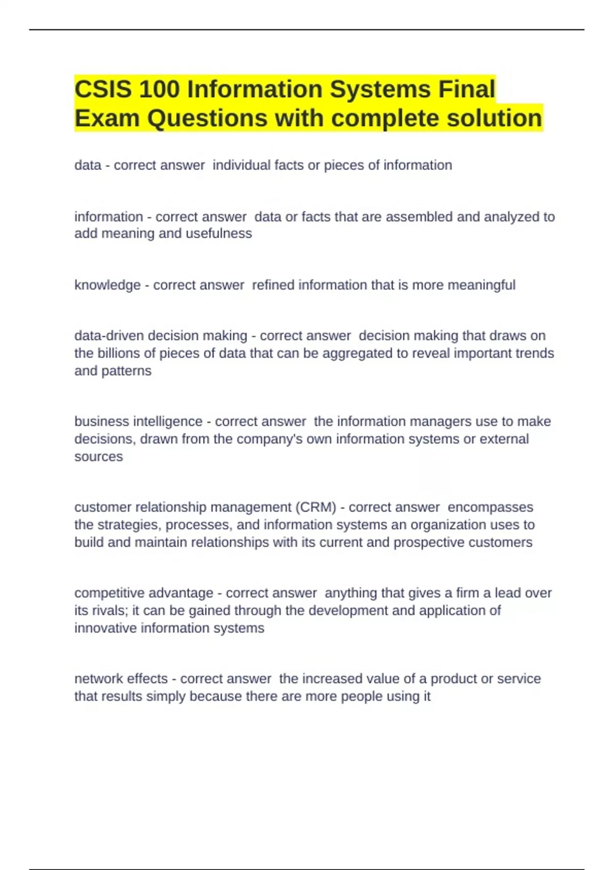 CSIS 100 Information Systems Final Exam Questions with complete solution - CSIS - Stuvia US