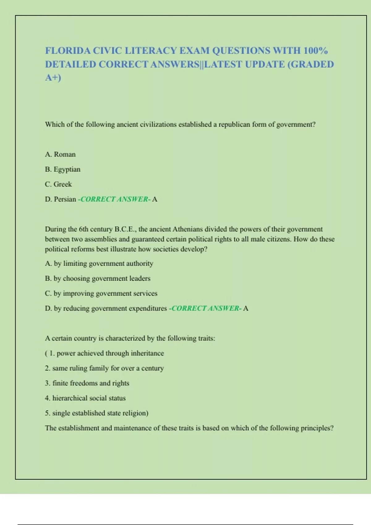 FLORIDA CIVIC LITERACY EXAM QUESTIONS WITH 100% DETAILED CORRECT ...
