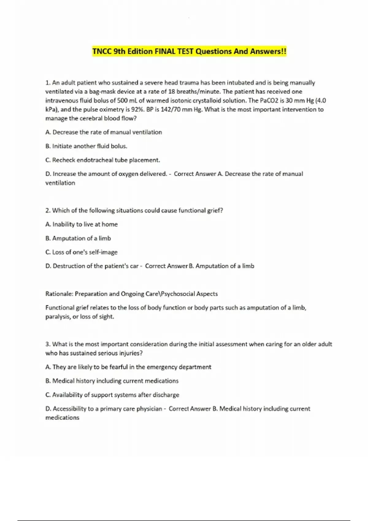 TNCC 9th Edition FINAL TEST Questions And Answers!! - TNCC - Stuvia US