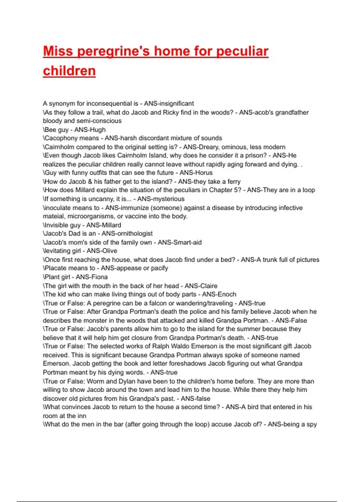 Miss peregrine's home for peculiar children Exam 2025/2026 Questions ...