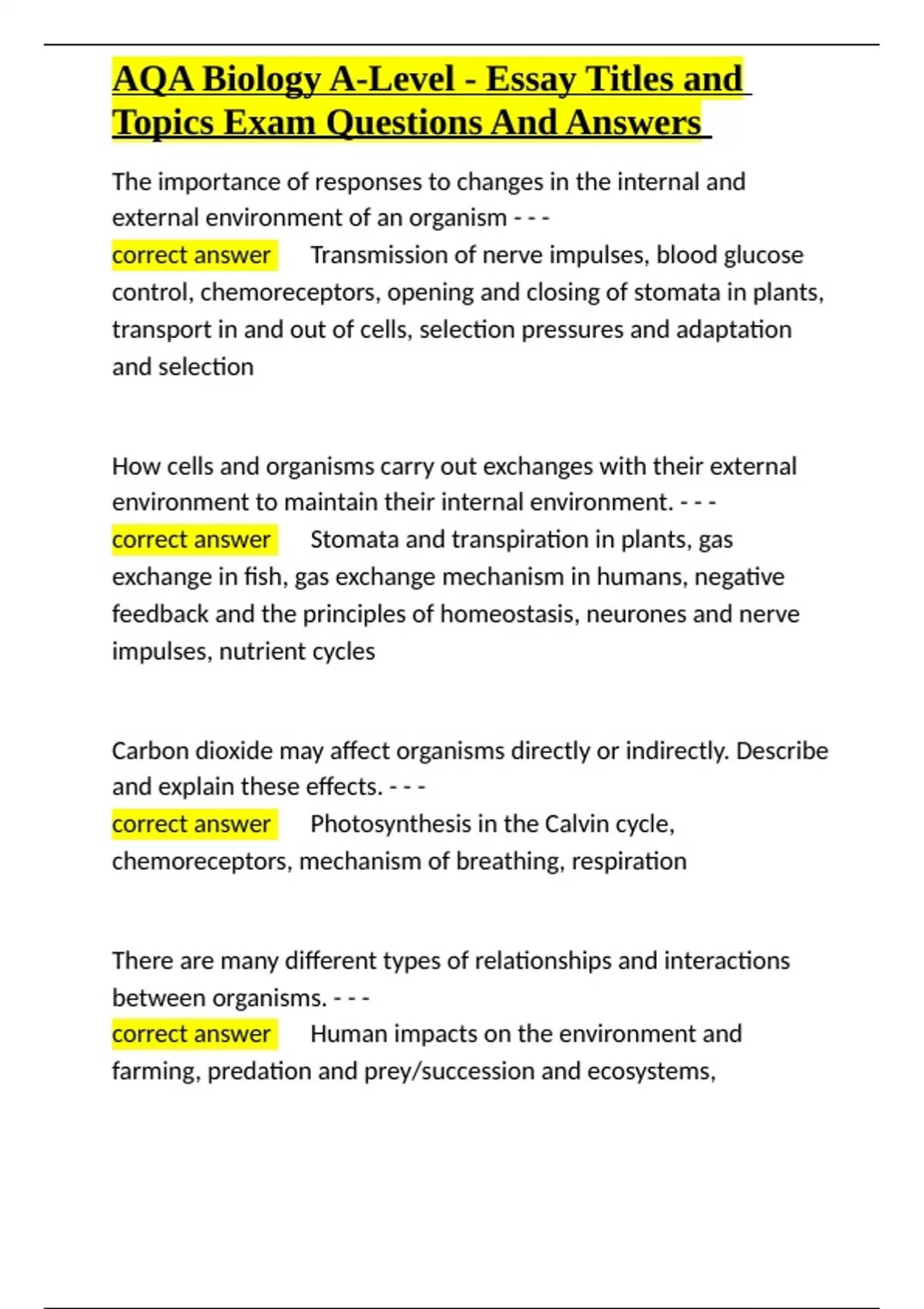 AQA Biology A-Level - Essay Titles and Topics Exam Questions And ...
