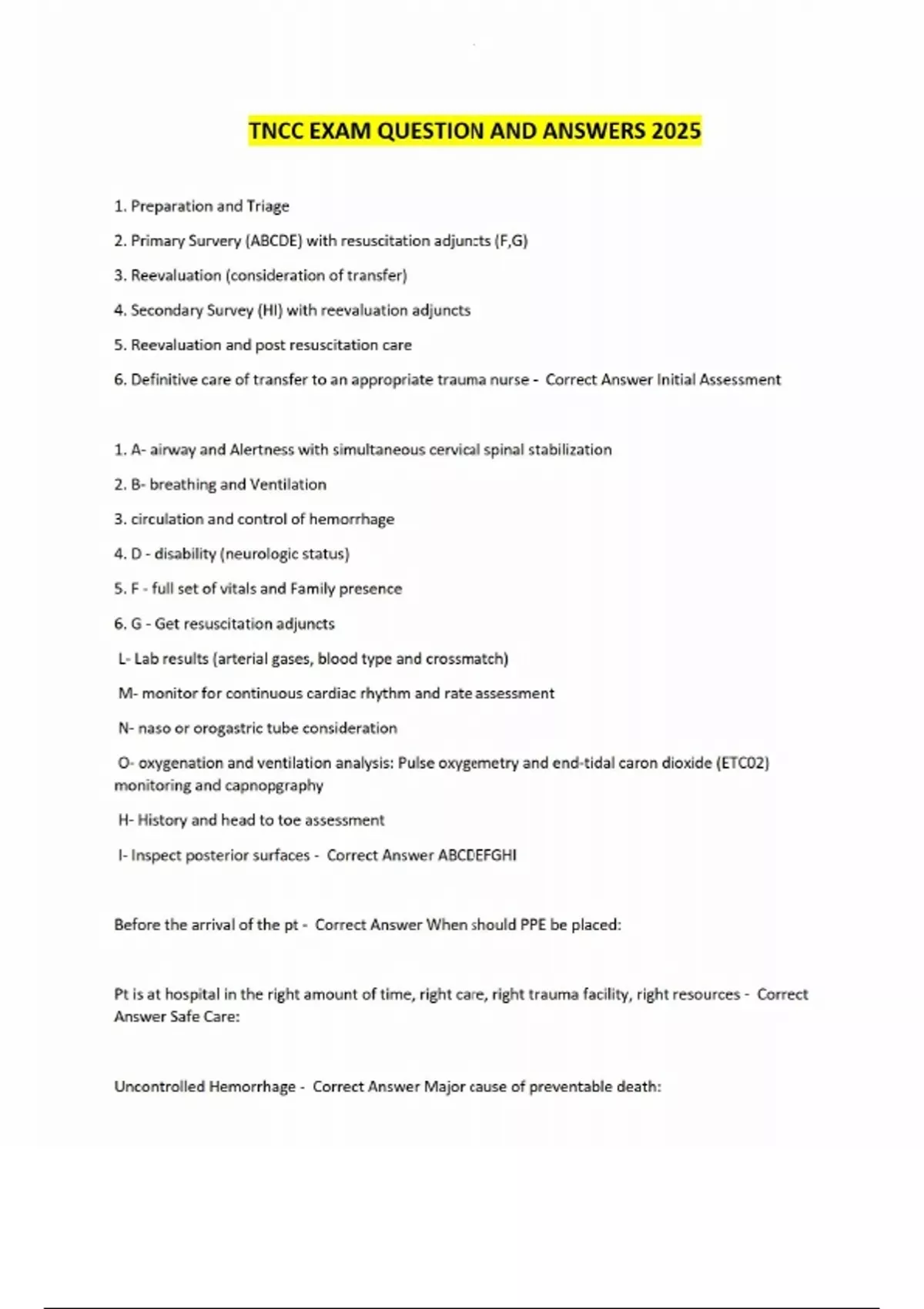 TNCC EXAM QUESTION AND ANSWERS 2025 - TNCC - Stuvia US