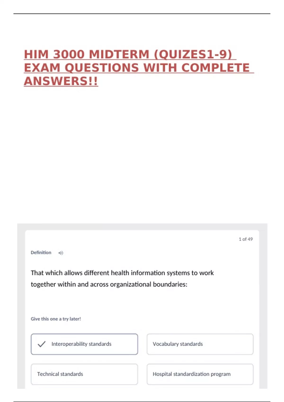 HIM 3000 MIDTERM (QUIZES1-9) EXAM QUESTIONS WITH COMPLETE ANSWERS ...