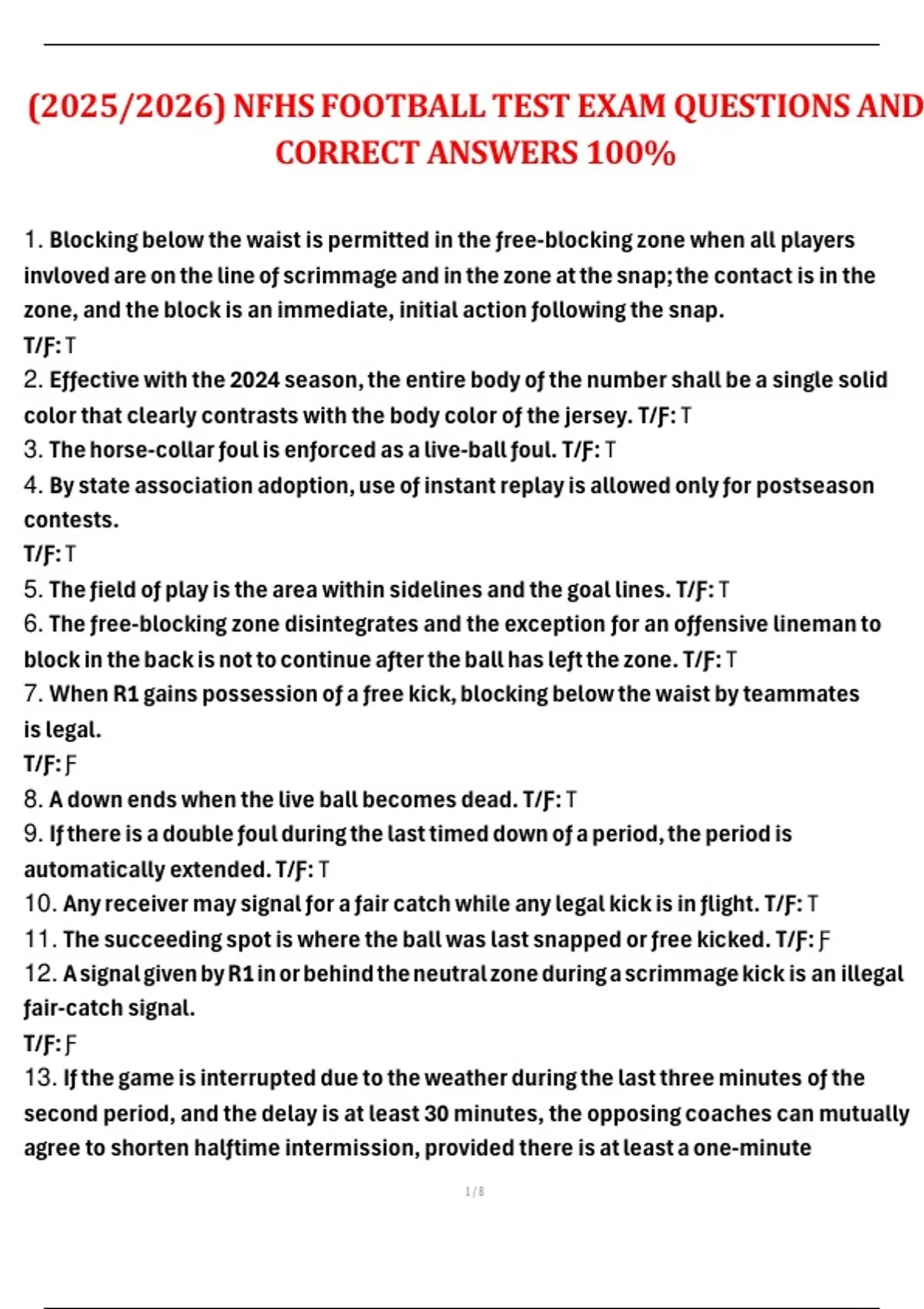 (2025/2026)NFHS FOOTBALLTEST EXAM QUESTIONS AND CORRECT ANSWERS 100% ...
