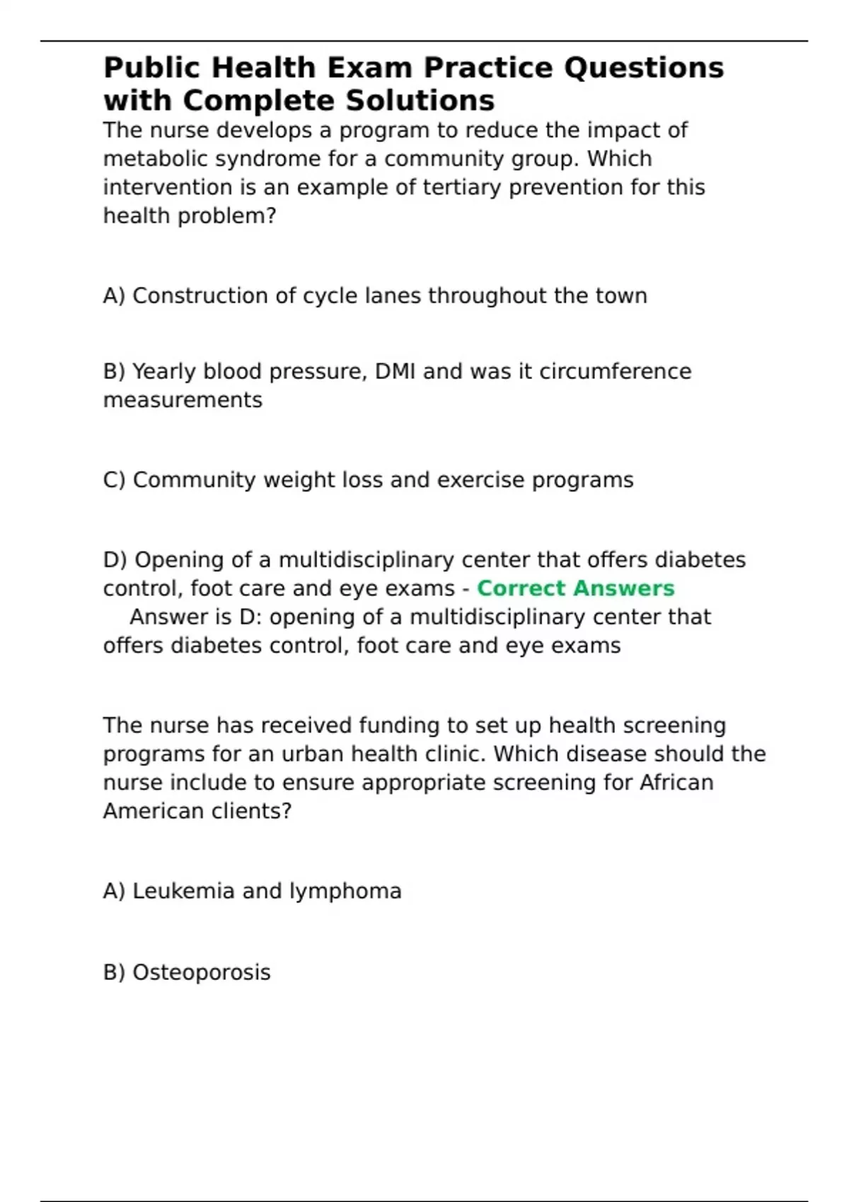Public Health Exam Practice Questions with Complete Solutions - Public ...
