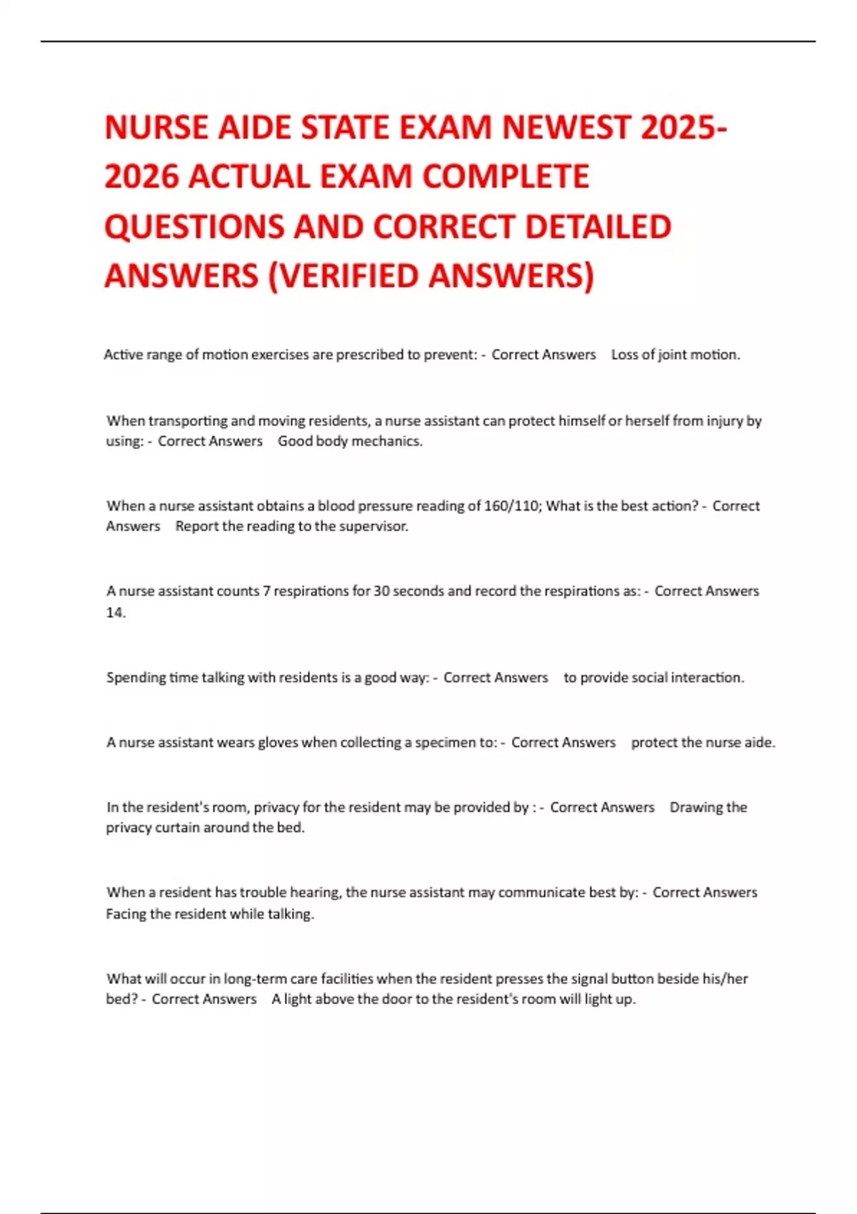 NURSE AIDE STATE EXAM NEWEST ACTUAL EXAM COMPLETE QUESTIONS AND CORRECT ...