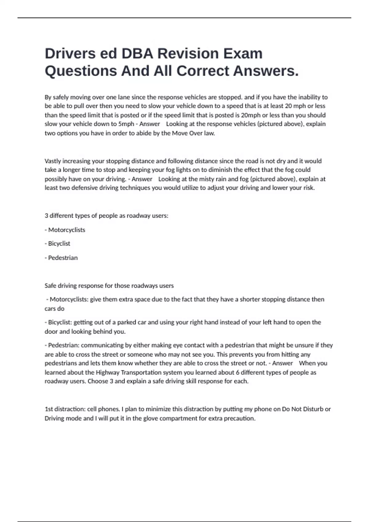 Drivers ed DBA Revision Exam Questions And All Correct Answers ...