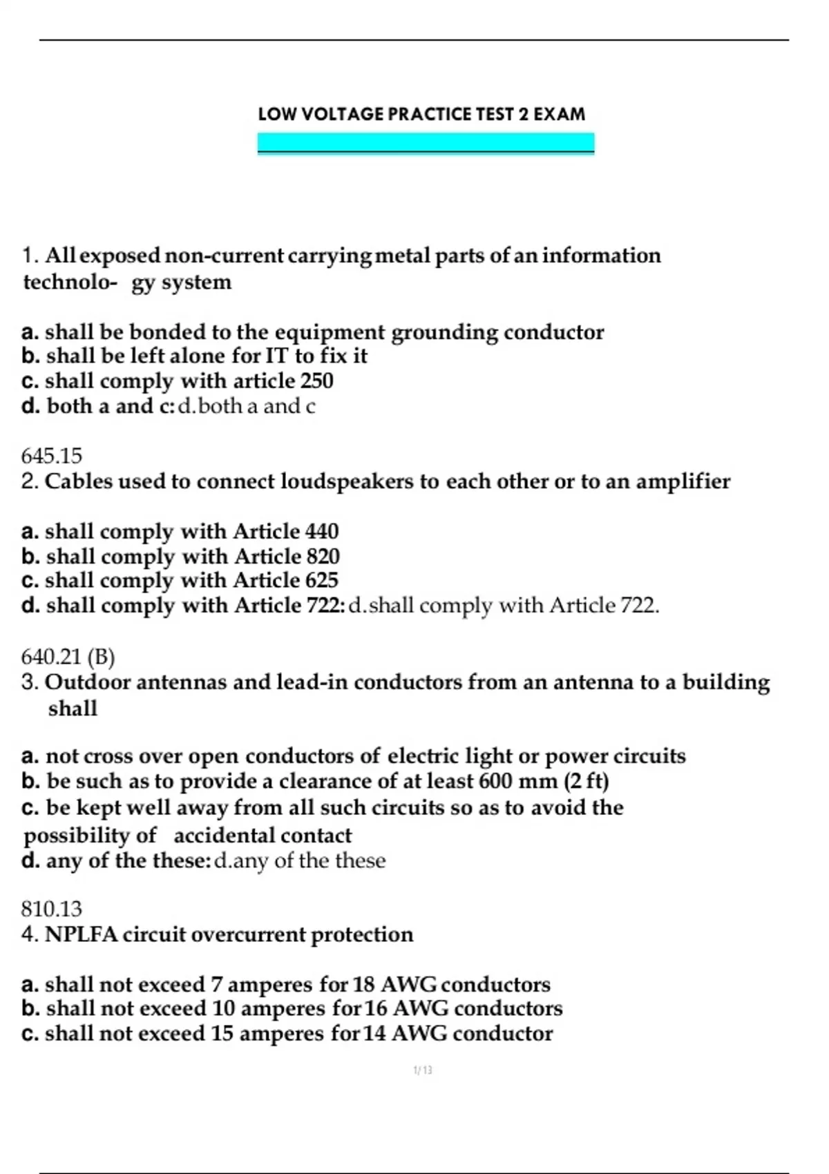 Low Voltage Practice Test 1. - Low Voltage Practice - Stuvia US