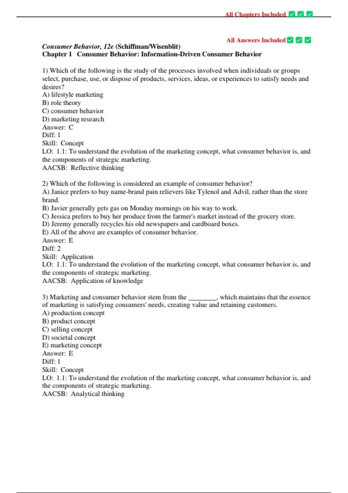 Test Bank for Consumer Behavior, 12th edition by Leon Schiffman, All ...