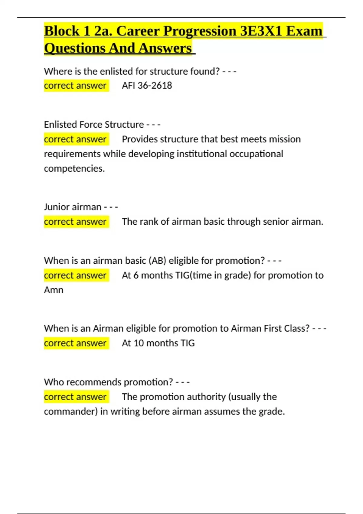 Block 1 2a. Career Progression 3E3X1 Exam Questions And Answers.docx ...
