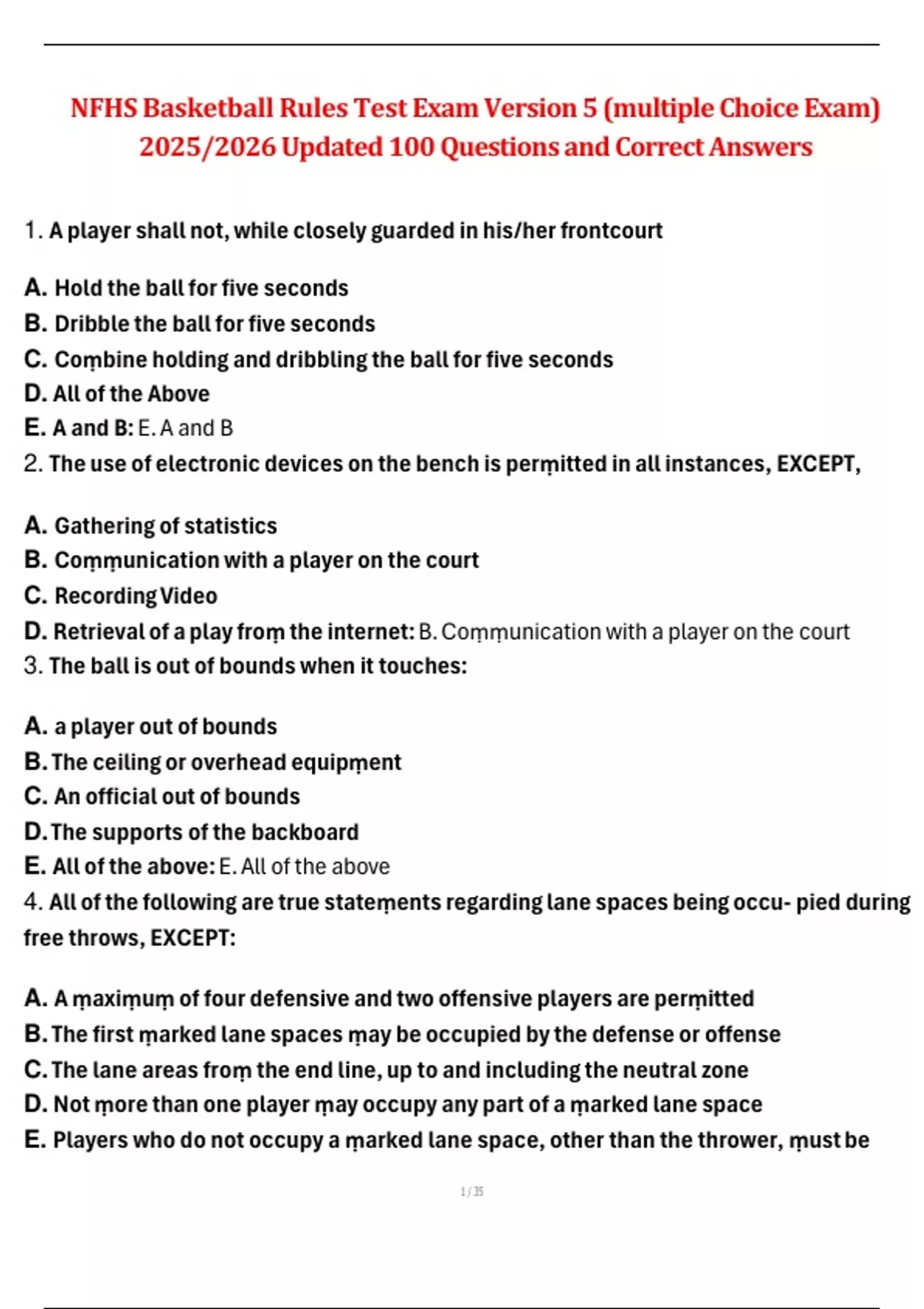 NFHS Basketball Rules Test Exam Version 5 (multiple Choice Exam) 2025/ ...
