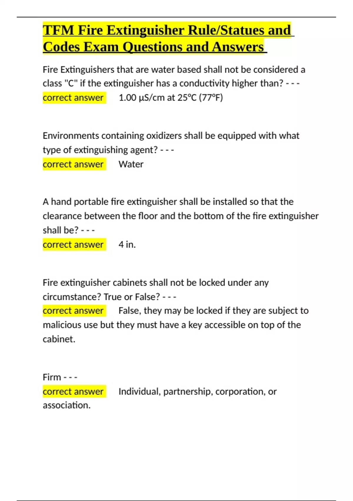 TFM Fire Extinguisher Rule Statues and Codes Exam Questions and Answers ...