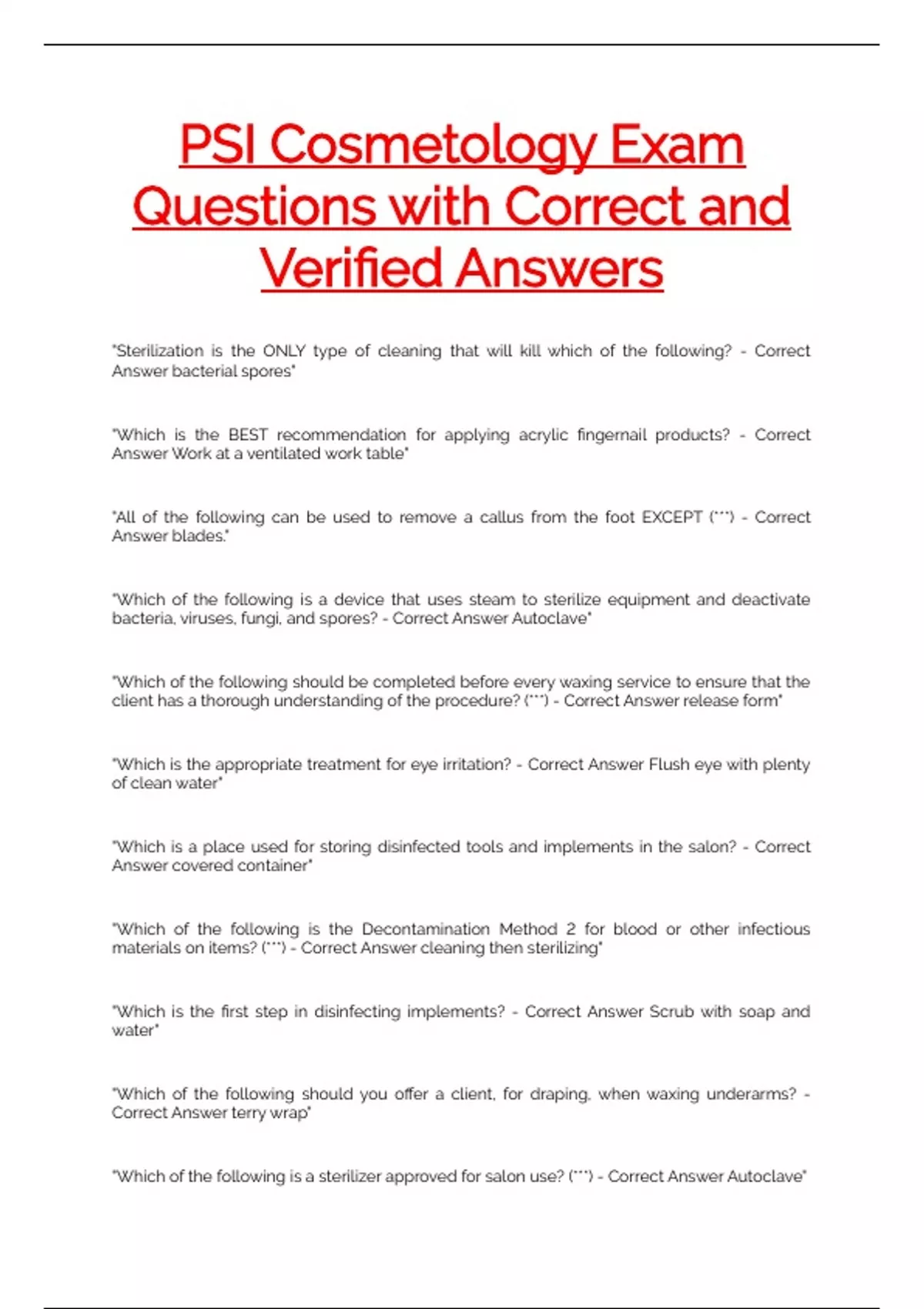 PSI Cosmetology Exam Questions with Correct and Verified Answers ...