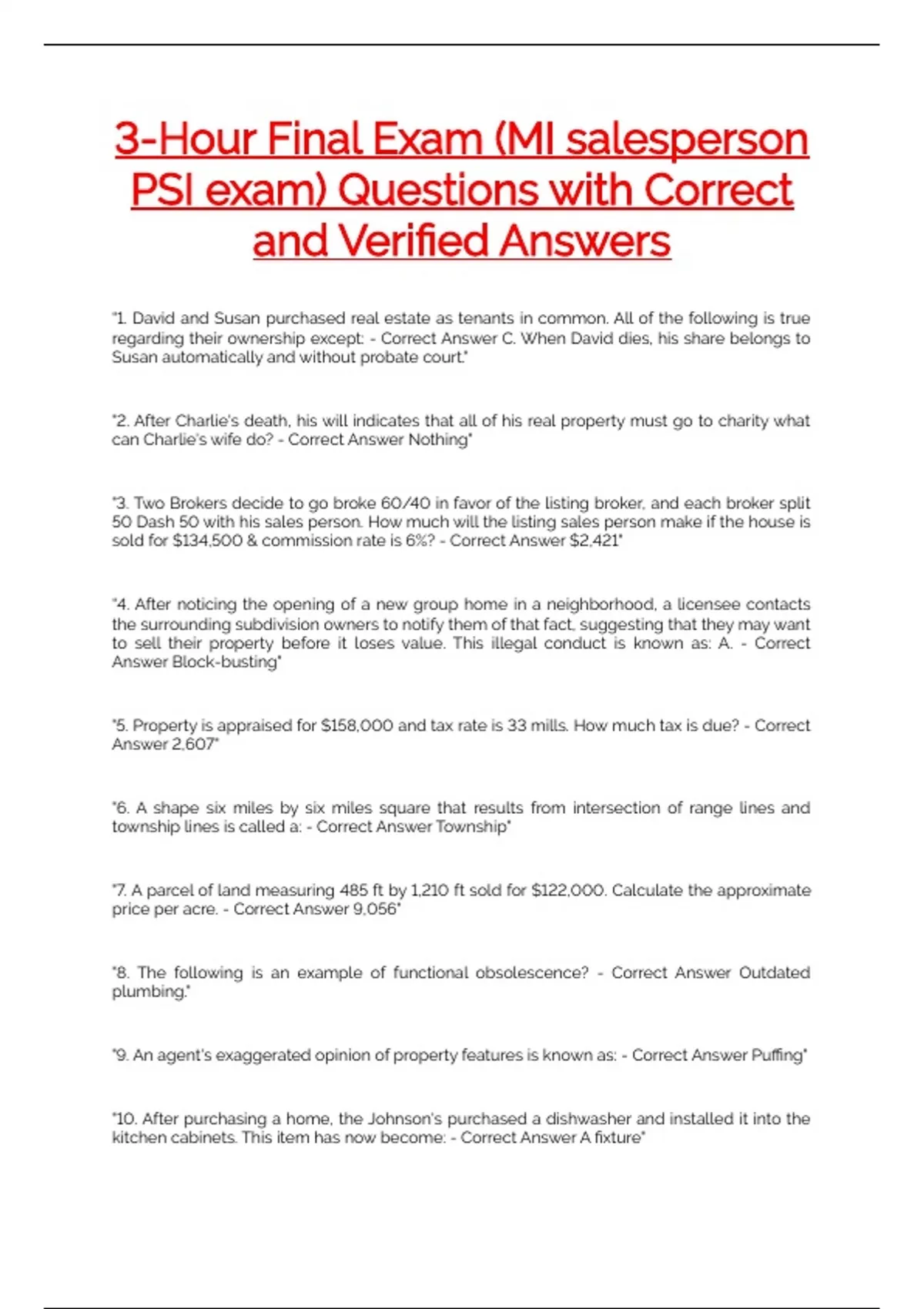 3-Hour Final Exam (MI salesperson PSI exam) Questions with Correct and ...