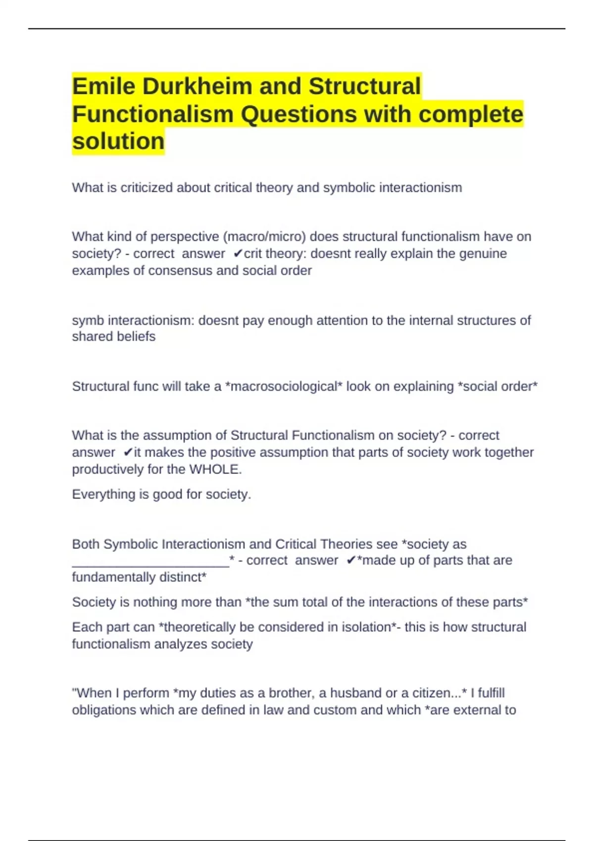 Emile Durkheim and Structural Functionalism Questions with complete ...