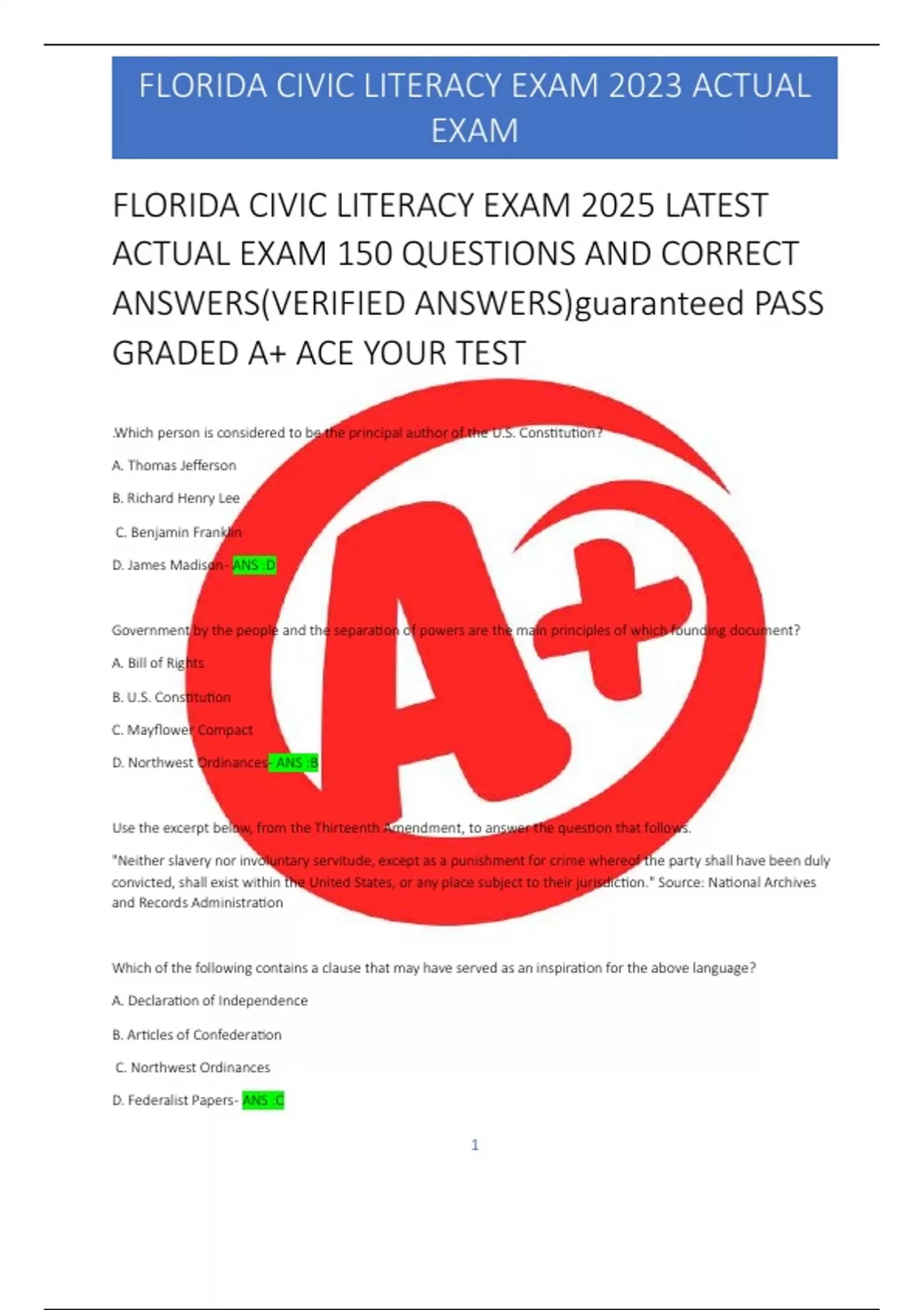 FLORIDA CIVIC LITERACY EXAM 2025 LATEST ACTUAL EXAM 150 QUESTIONS AND ...