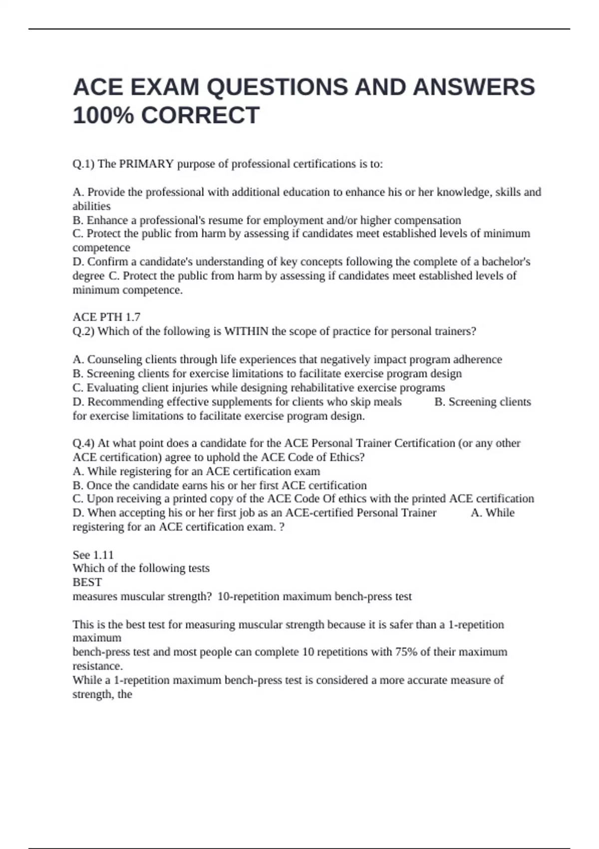 ACE EXAM QUESTIONS AND ANSWERS 100% CORRECT - ACE - Stuvia US