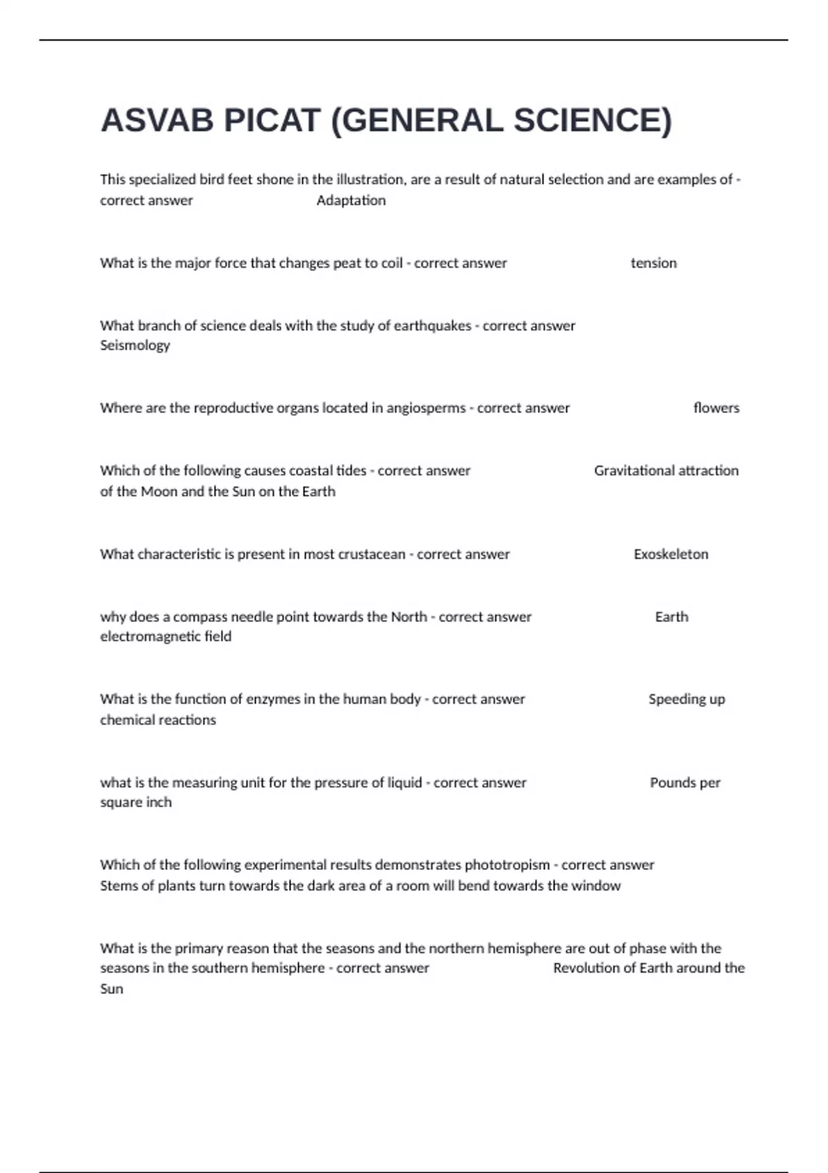 ASVAB PICAT (GENERAL SCIENCE) Advanced Test Questions And Correct ...