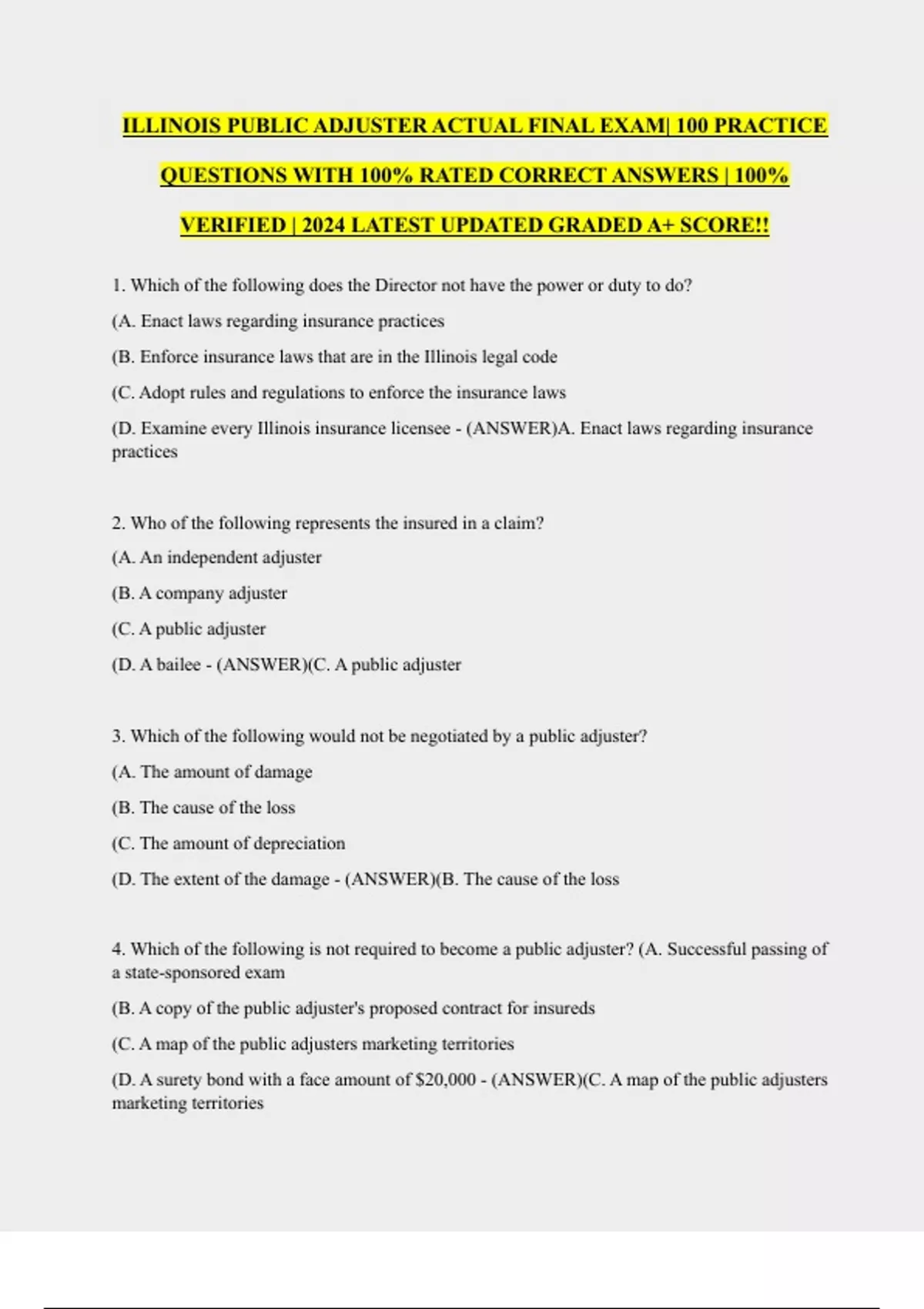ILLINOIS PUBLIC ADJUSTER ACTUAL FINAL EXAM| 100 PRACTICE QUESTIONS WITH ...