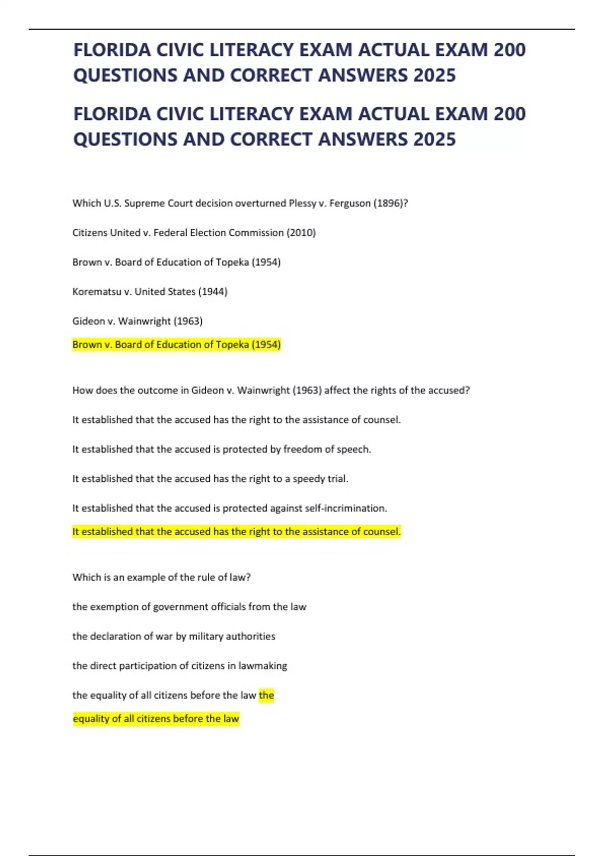 FLORIDA CIVIC LITERACY EXAM ACTUAL EXAM 200 QUESTIONS AND CORRECT ...