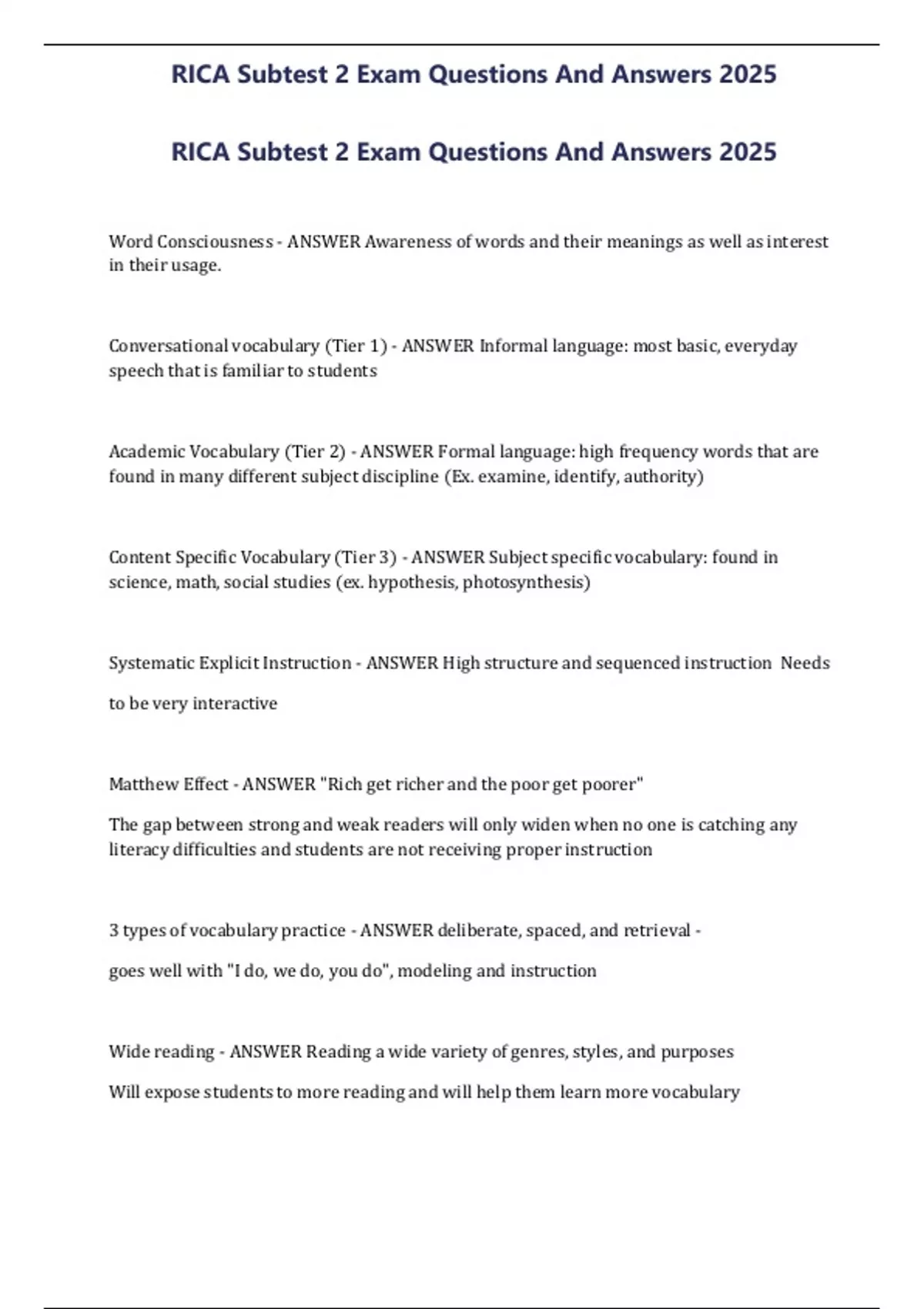 RICA Subtest 2 Exam Questions And Answers 2025 - Nursing - Stuvia US
