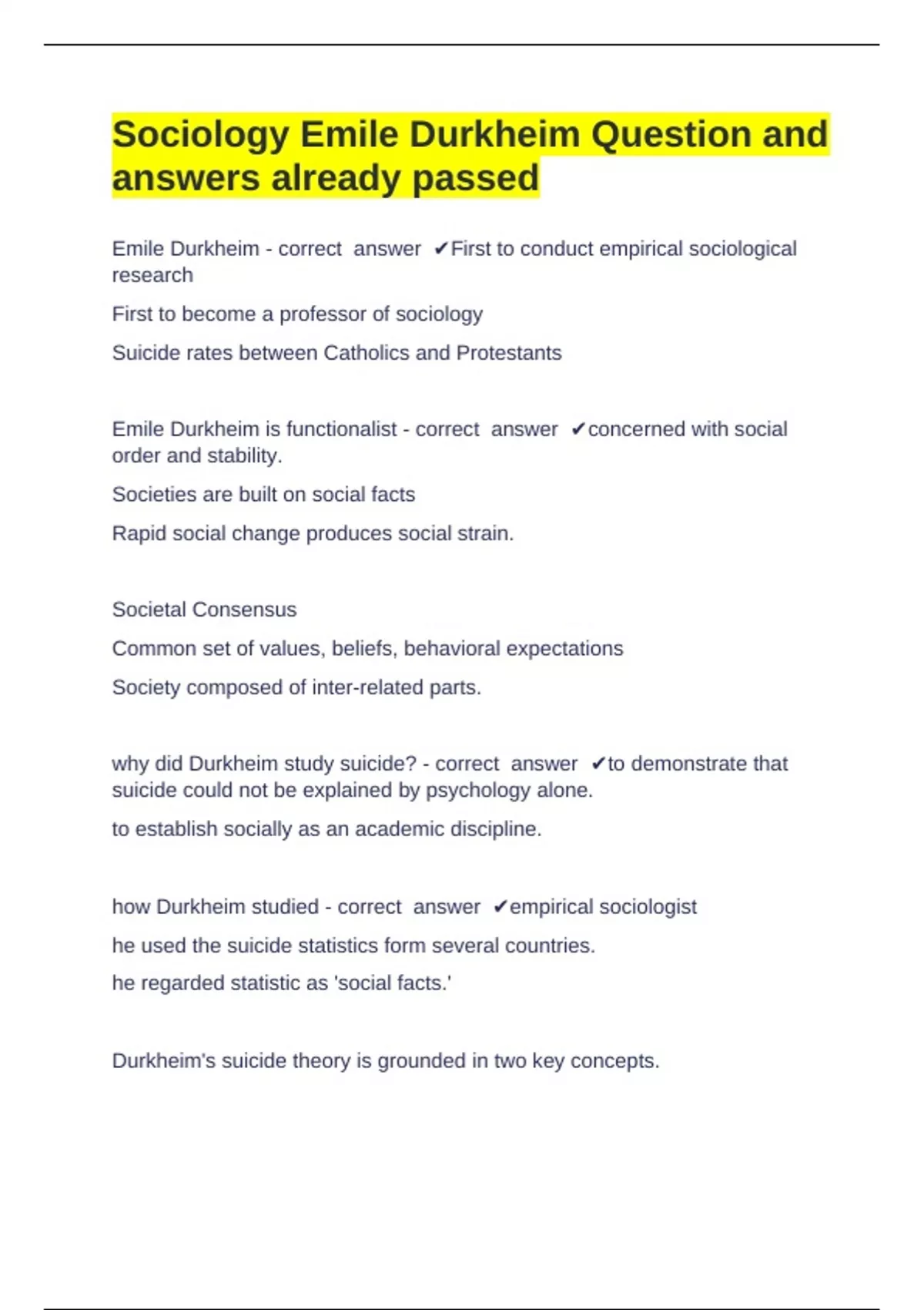 Sociology Emile Durkheim Question and answers already passed - Emile ...