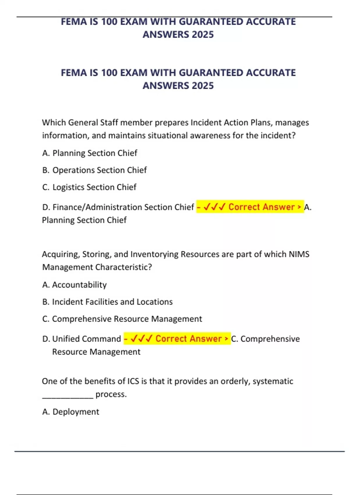 FEMA IS 100 EXAM WITH GUARANTEED ACCURATE ANSWERS 2025 - Nursing ...