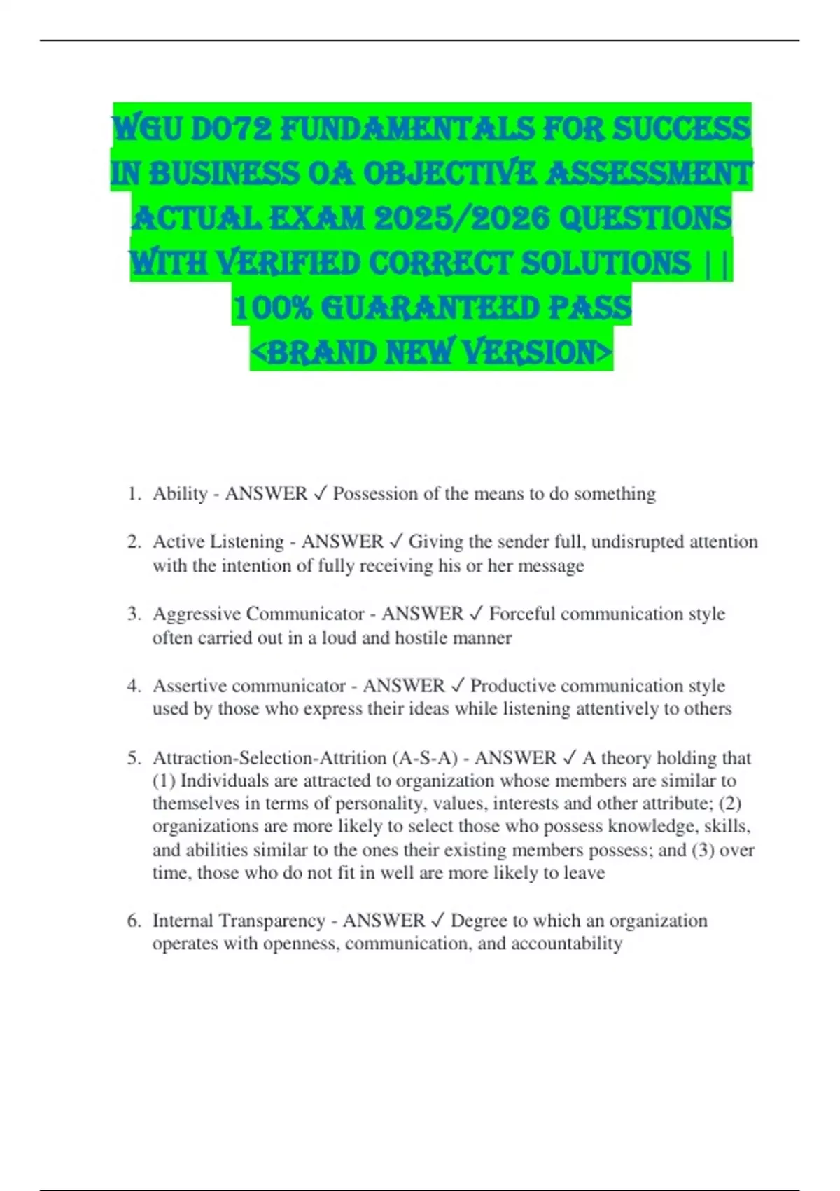 WGU D072 FUNDAMENTALS FOR SUCCESS IN BUSINESS OA OBJECTIVE ASSESSMENT ...