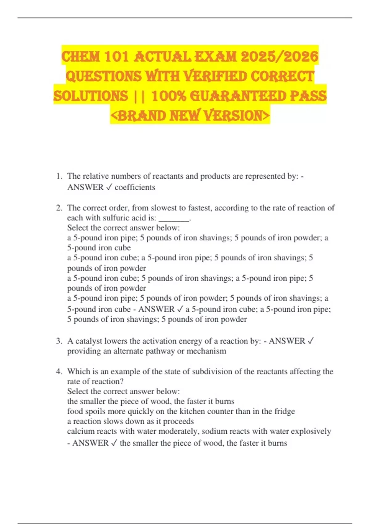 CHEM 101 ACTUAL EXAM 2025/2026 QUESTIONS WITH VERIFIED CORRECT ...