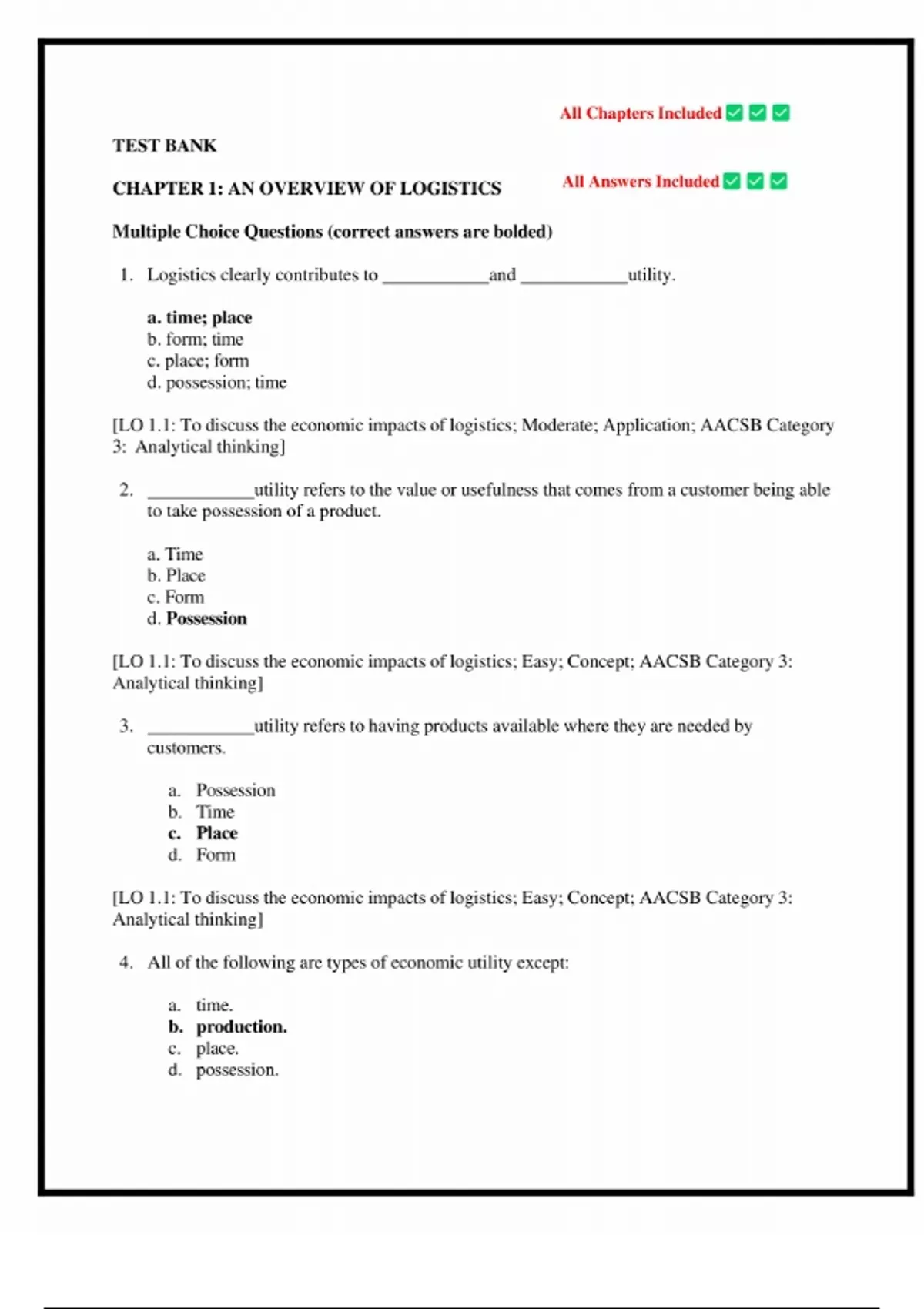 Test Bank - Contemporary Logistics 12th Edition by Paul Murphy Jr., All ...