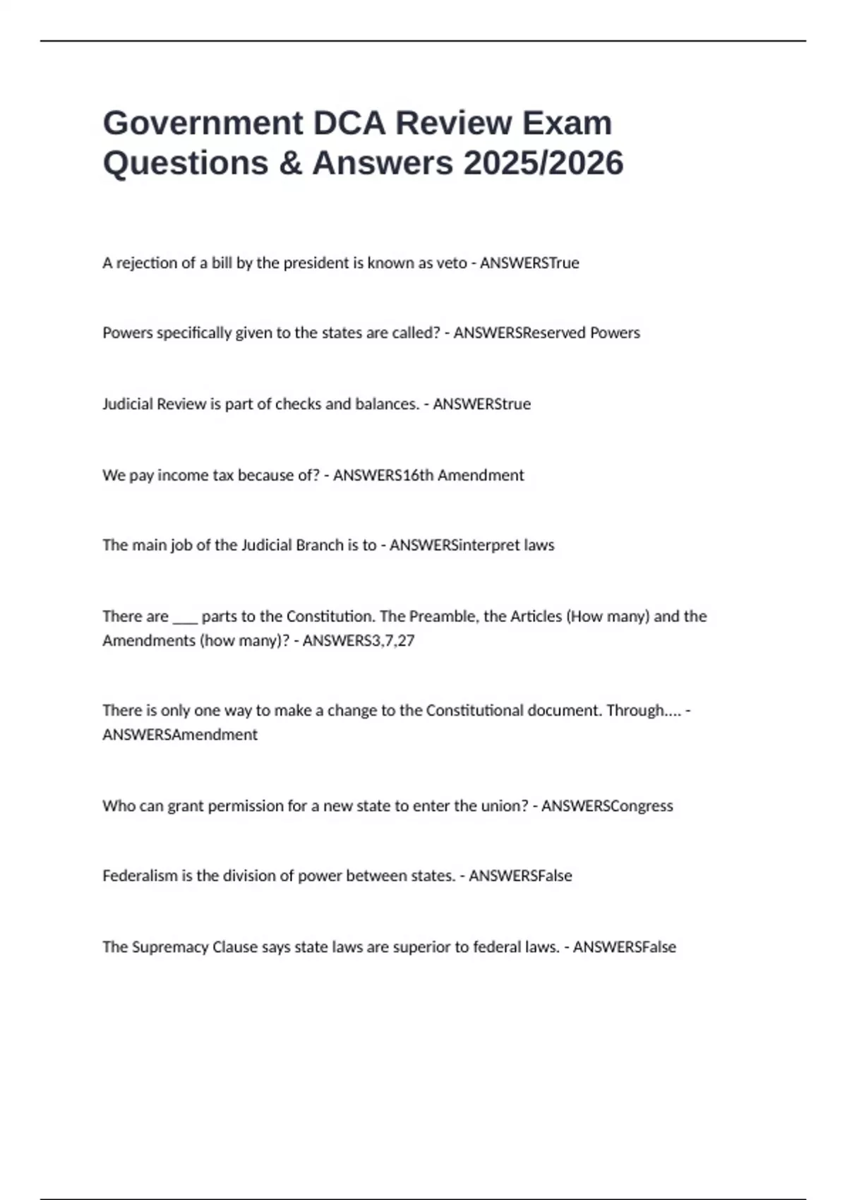 Government DCA Review Exam Questions & Answers 2025/2026 - Government DCA - Stuvia US