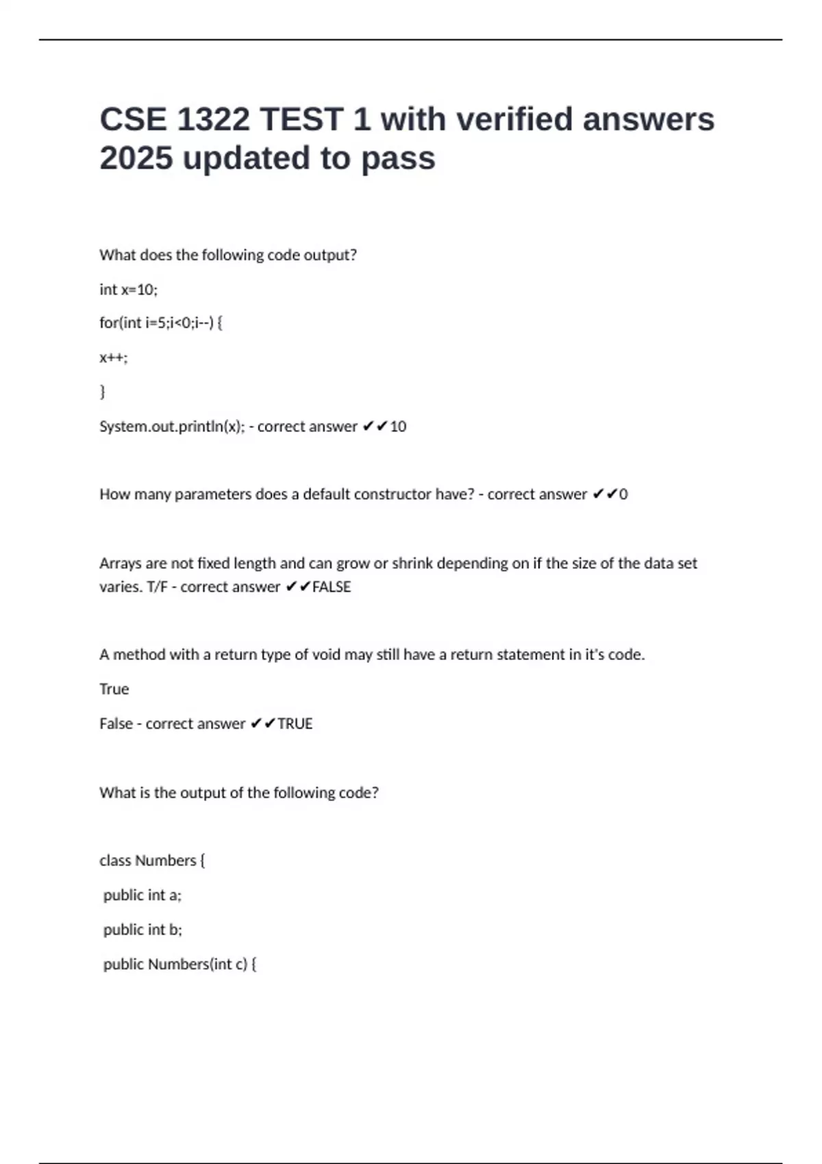 CSE 1322 TEST 1 with verified answers 2025 updated to pass - CSE 1322 ...