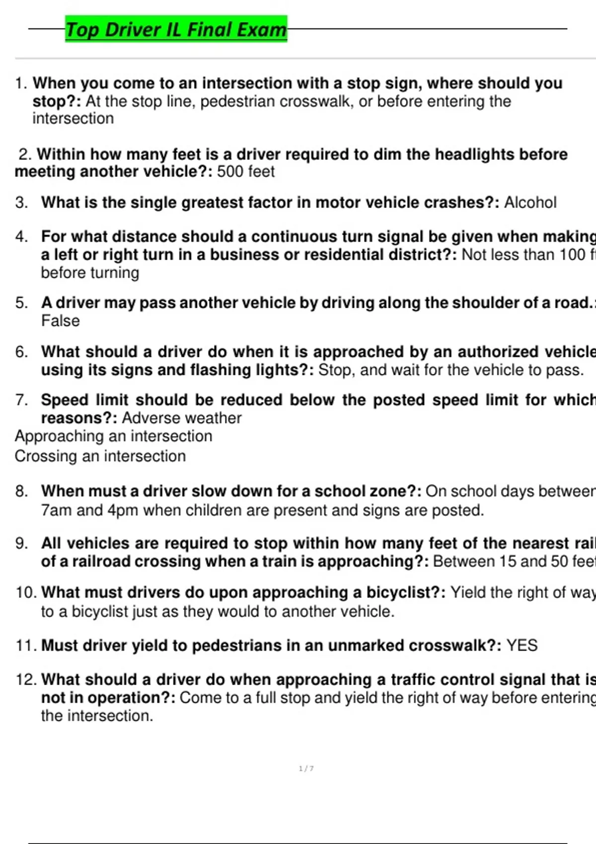 Top Driver IL Final Exam Expert Verified Actual Questions & Answers for ...