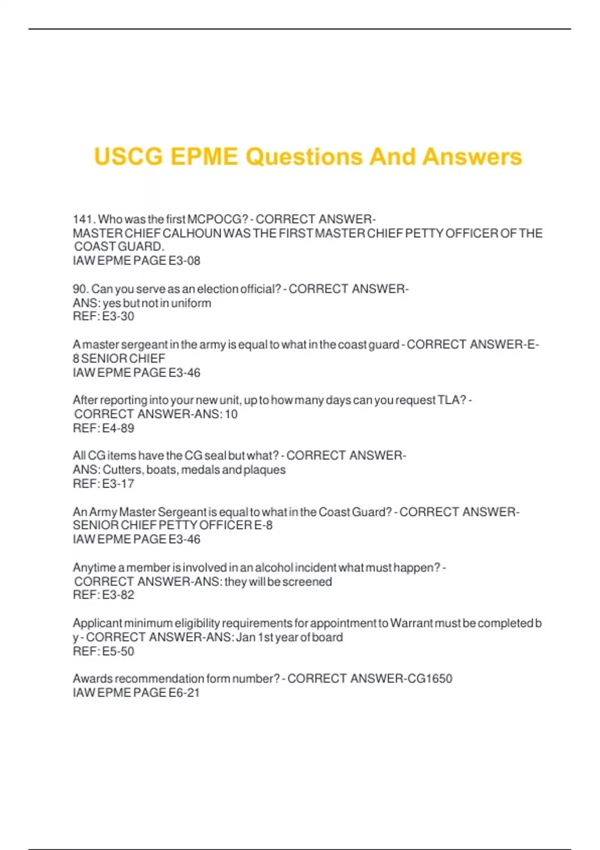 USCG EPME Questions And Answers - USCG EPME - Stuvia US