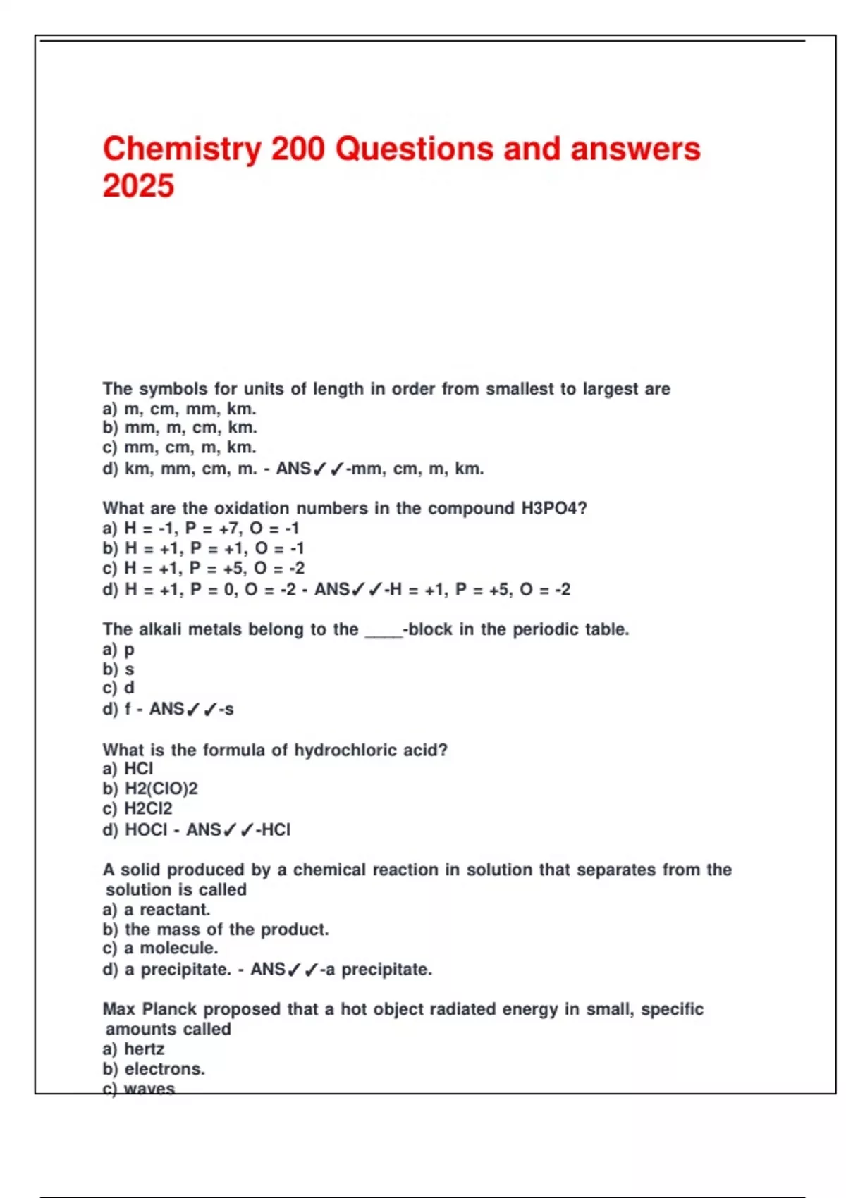 Chemistry 200 Questions and answers 2025. - Chem 200 - Stuvia US